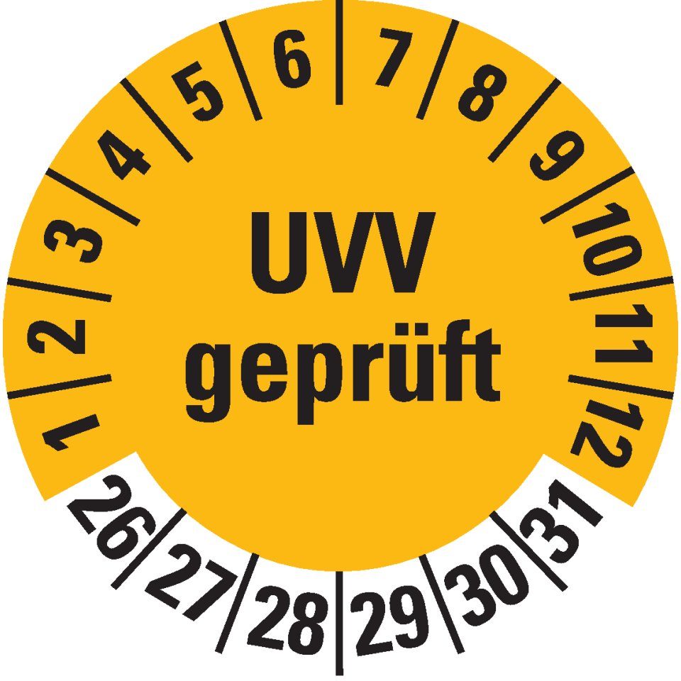 König Werbeanlagen Hinweisschild Prüfplakette UVV geprüft 26-31,gelb,Folie,selbstkl.,Ø30mm,18/Bogen