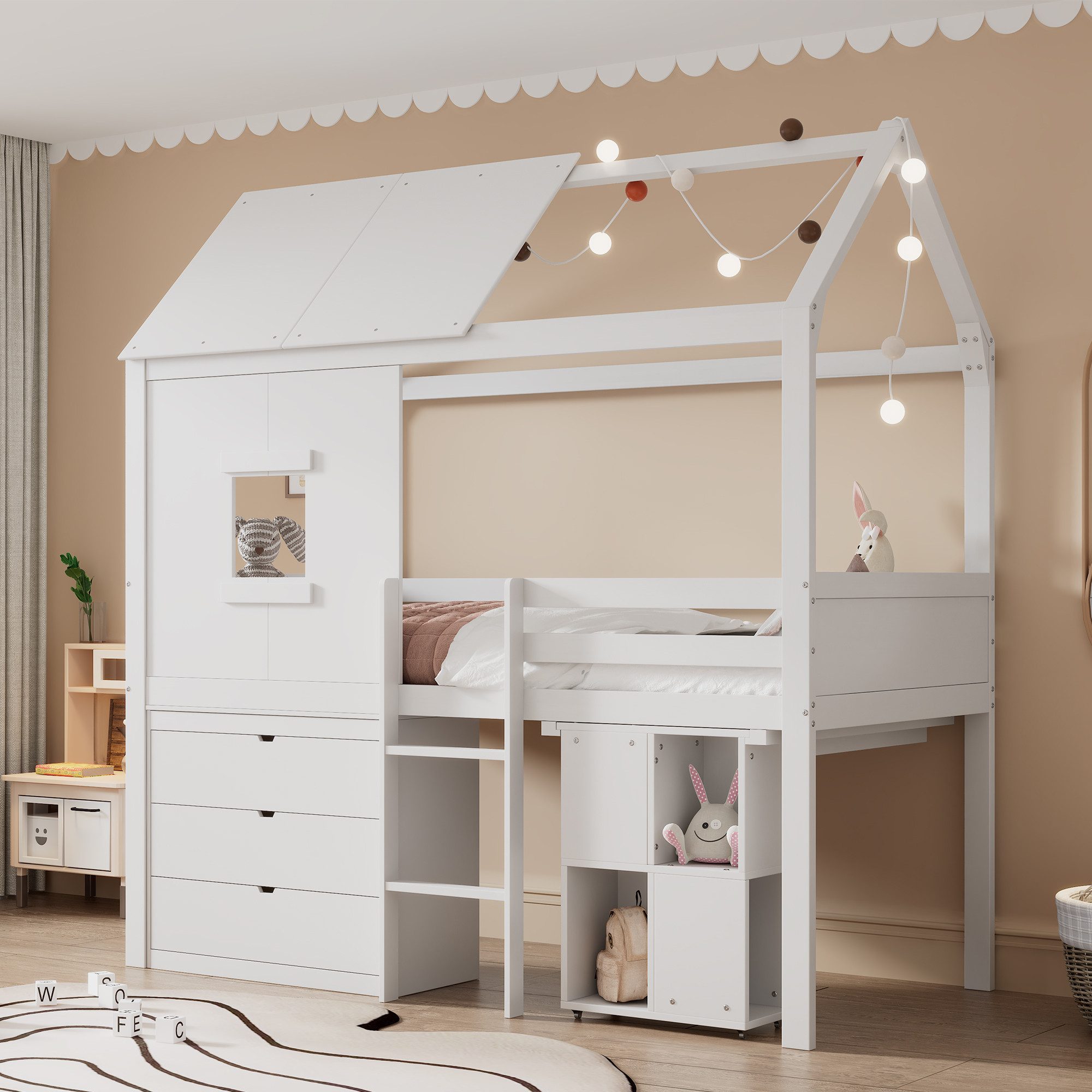 Ulife Hochbett Kinderbett Hausform Ausziehbarer Tisch Drei