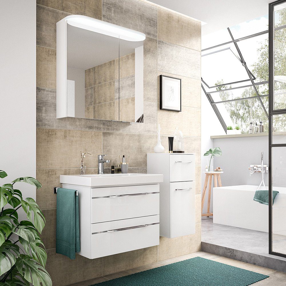 Lomadox Badmöbel-Set BUDVA-66, (Spar-Set, 3-St), 3-teilig mit Badkommode LED Beleuchtung weiß ...