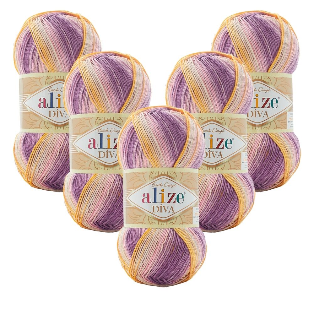 Alize 5 x ALIZE Diva Batik 6958 Häkelwolle, 350 m, Häkelgarn,Seideneffekt,Handstrickgarn