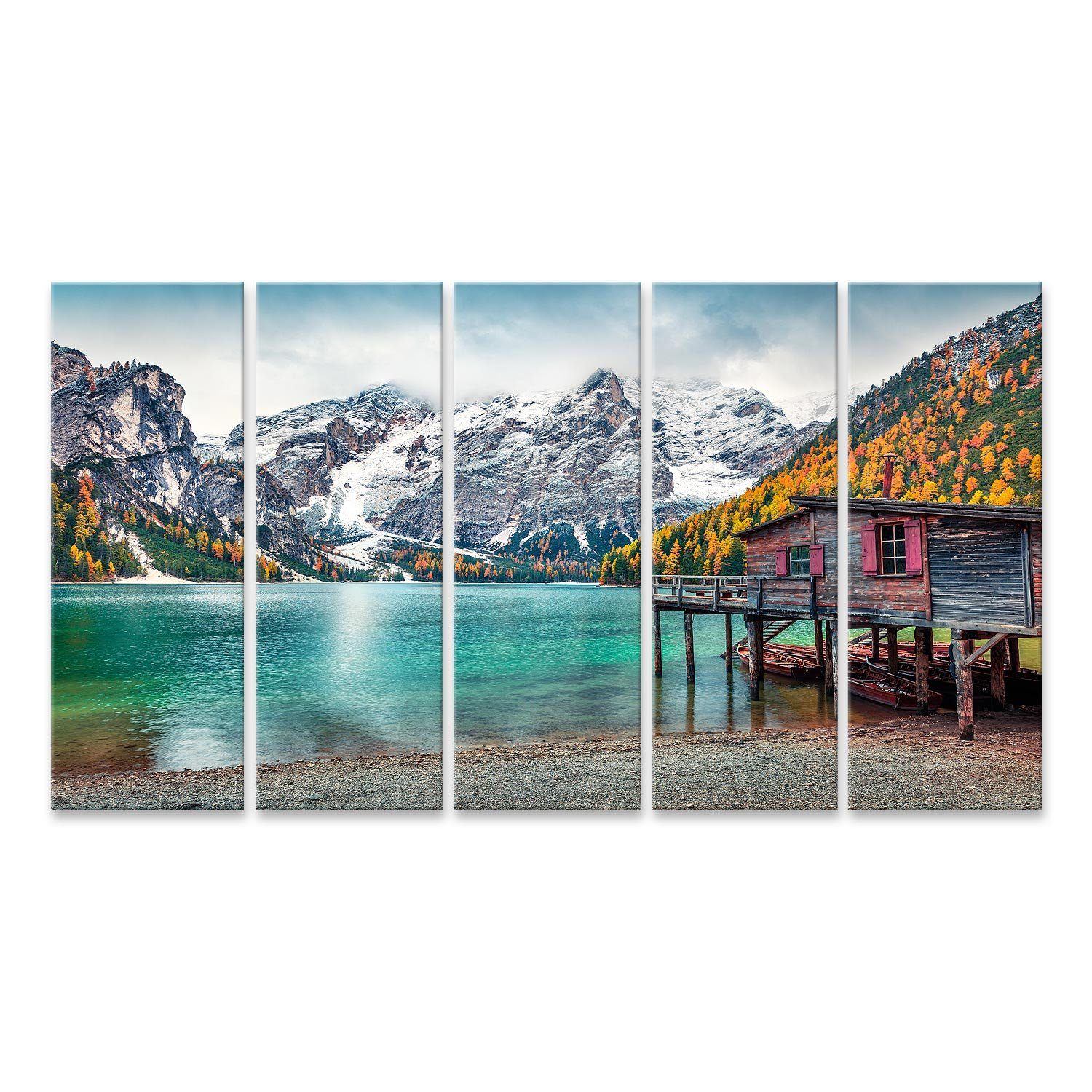 islandburner Leinwandbild »Bild auf Leinwand Bootshütte Am Pragser Wildsee Mit Seekofel Im ...