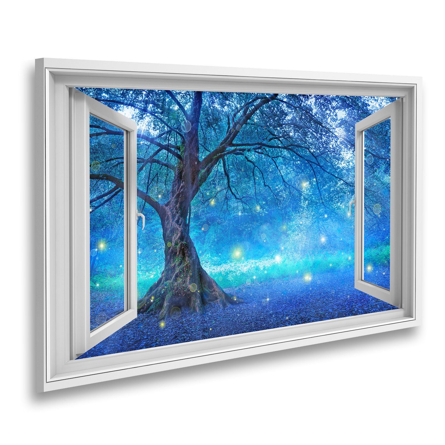 islandburner Leinwandbild Fensterblick Feenbaum im mystischen Wald Sagenhafter Effekt Wandbild L