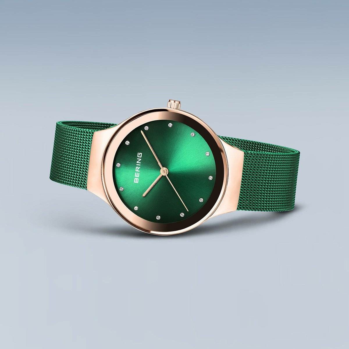 Bering Quarzuhr Analoguhr für Damen, (1-tlg), Grünes Milanaise-Armband