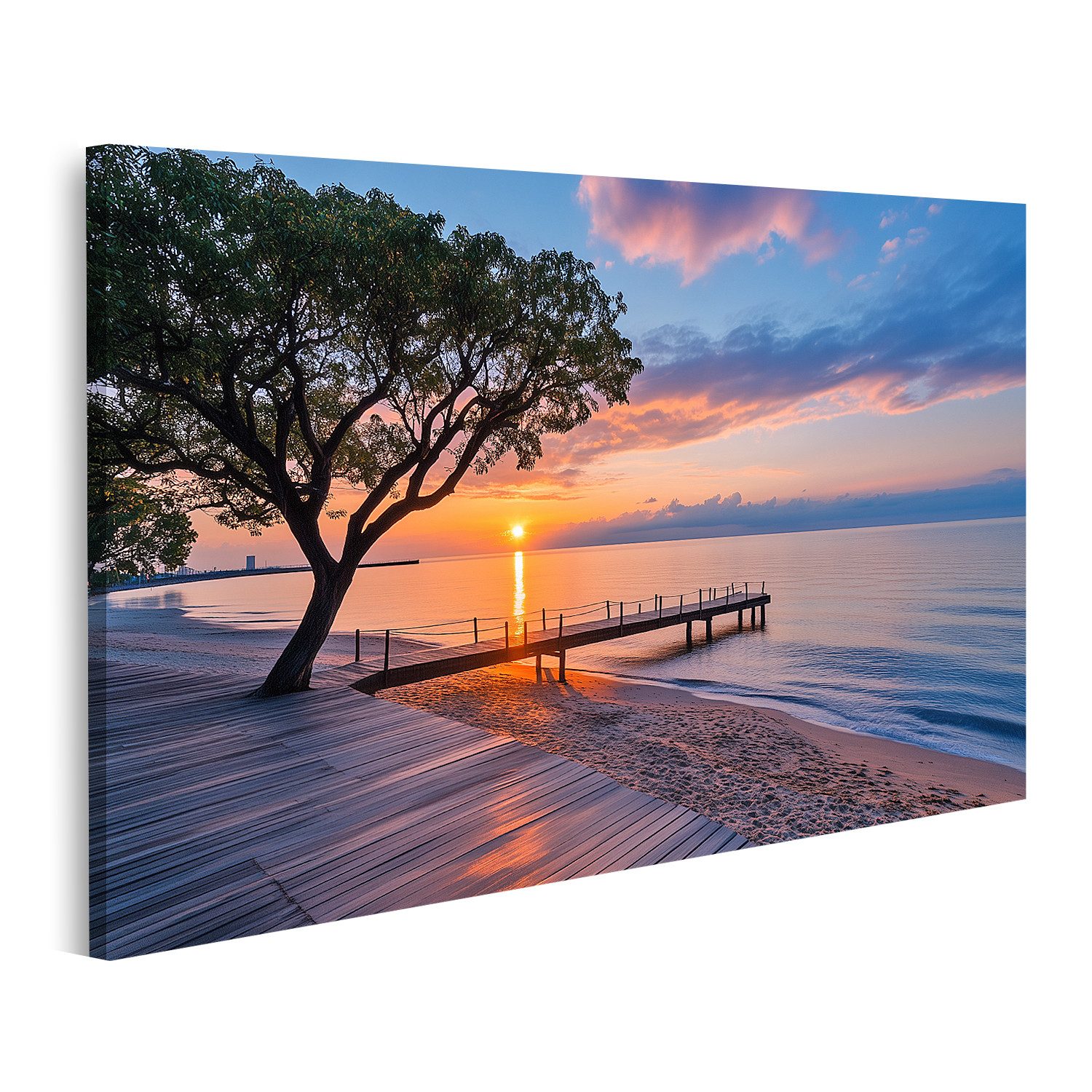 islandburner Leinwandbild, Baum und Steg bei Sonnenuntergang am Strand, Format: 80x40cm