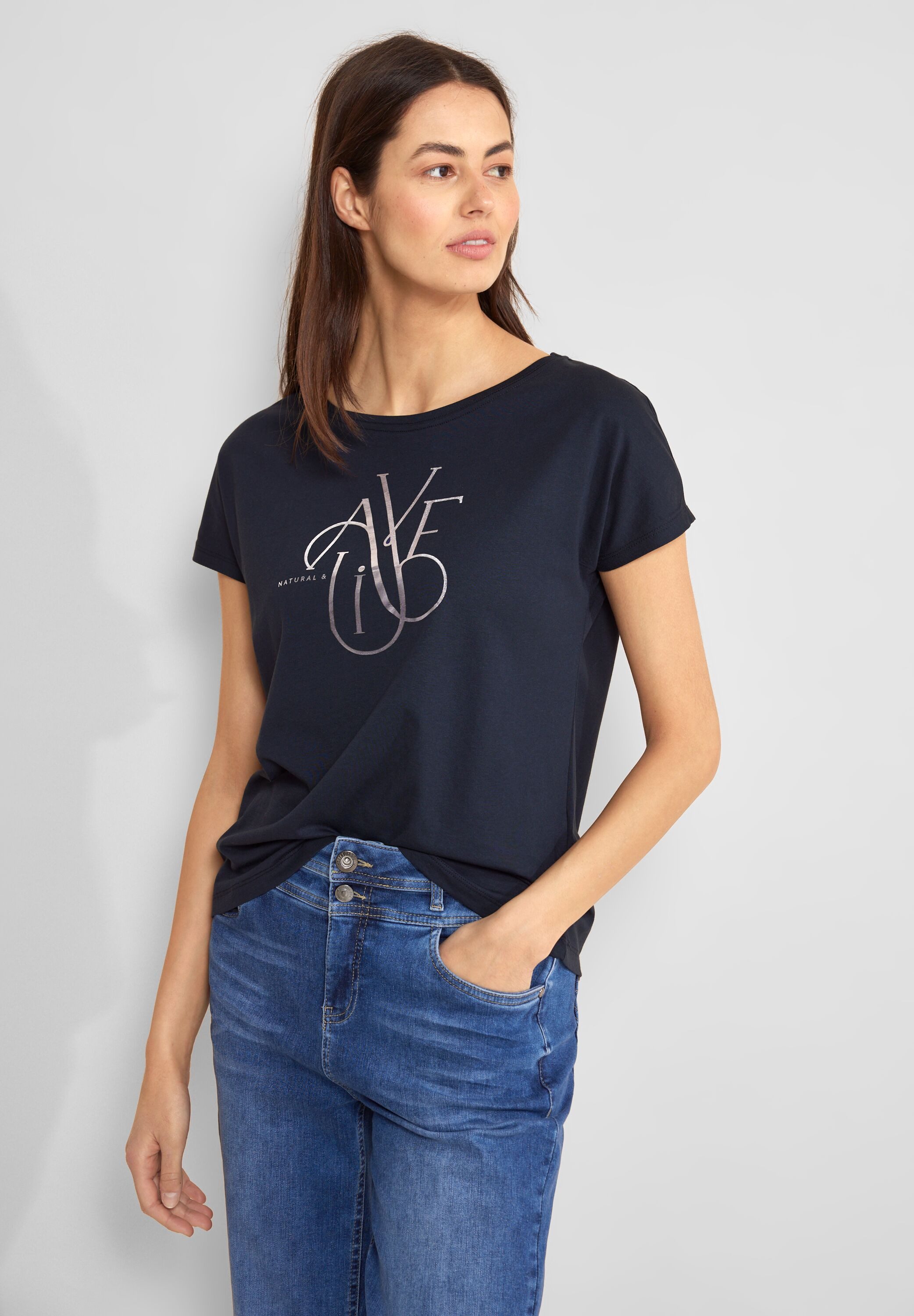 Street One Shirttop Mit Schimmerndem Schriftzug Jersey Aus Angenehmem