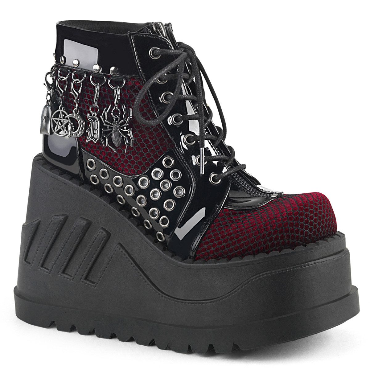 DemoniaCult Sale STOMP 18 Demonia Keilplateau Booties schwarz Lack burgund Samt High Heel Stiefel