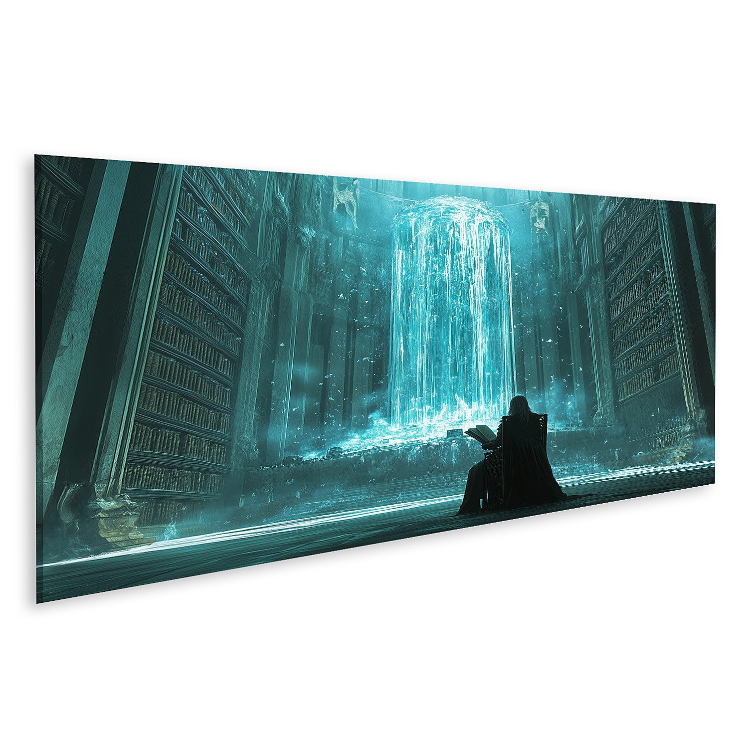 islandburner Leinwandbild Magische Bibliothek mit leuchtendem Wasserfall