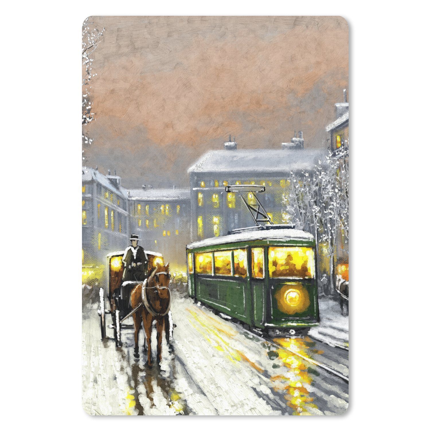 Muchowow Mauspad Gemälde Ölgemälde Winter Straßenbahn Pferd