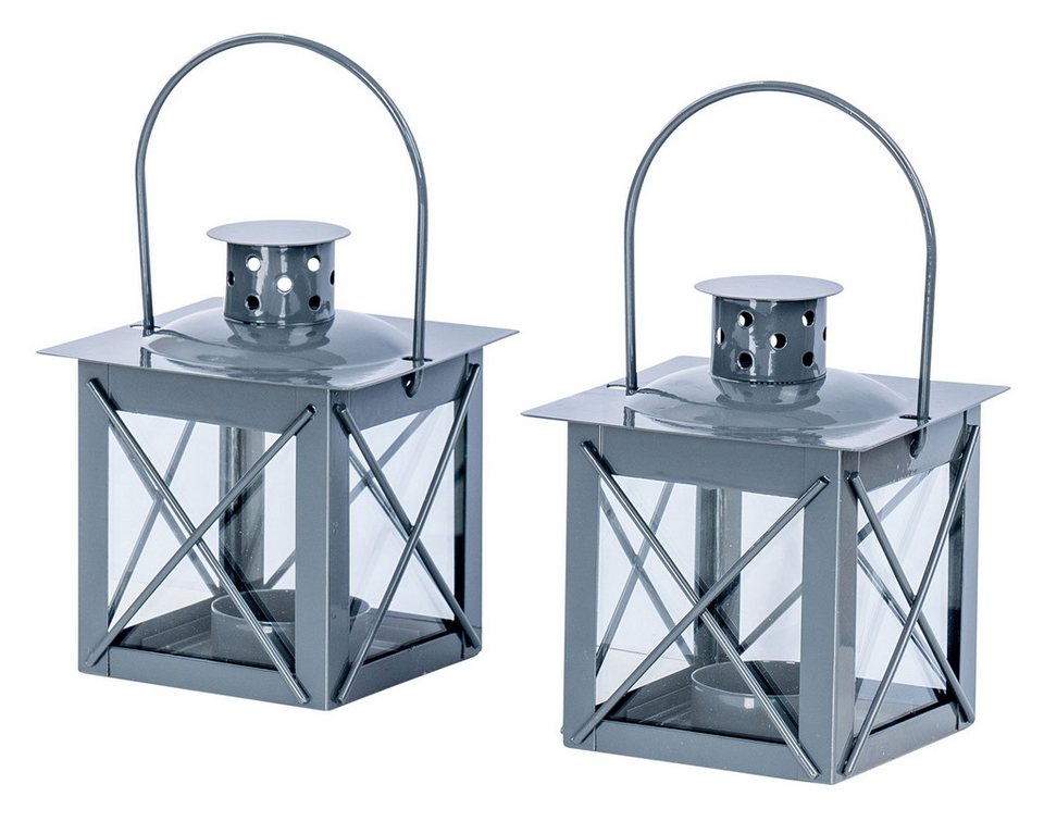 Levandeo® Kerzenlaterne 2er Set Windlicht H10cm Laterne Grau Metall