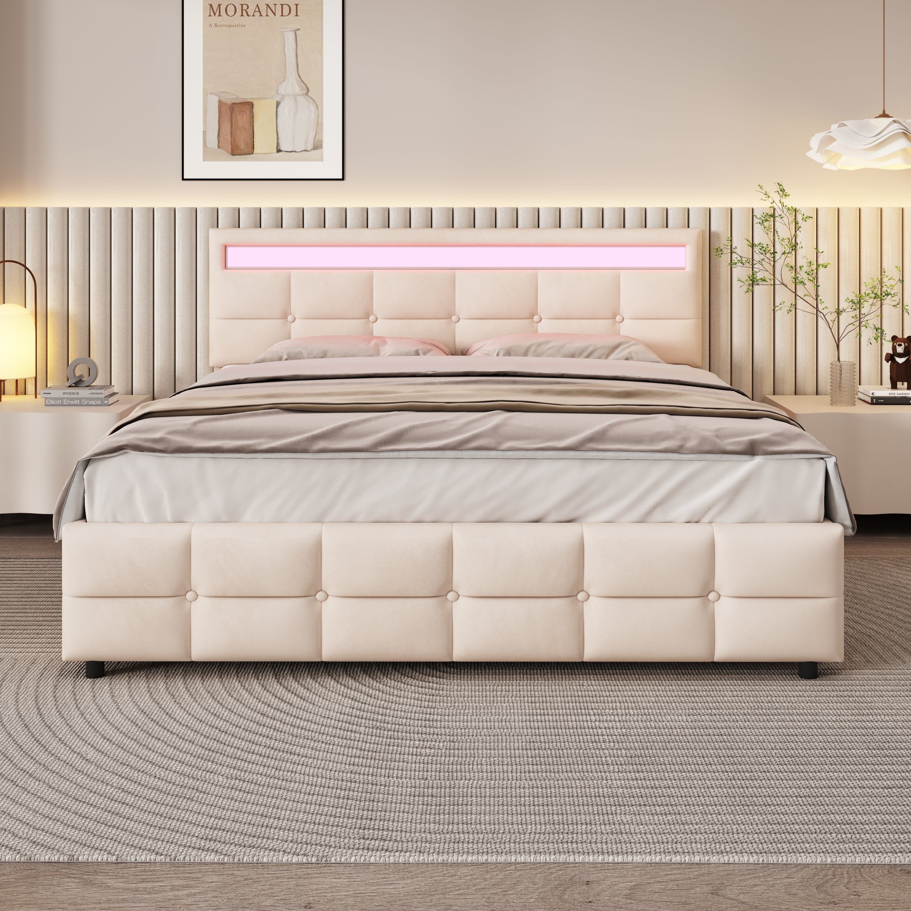 Ulife Polsterbett Doppelbett Mit 4 Schubladen Led Samt Verstellbares