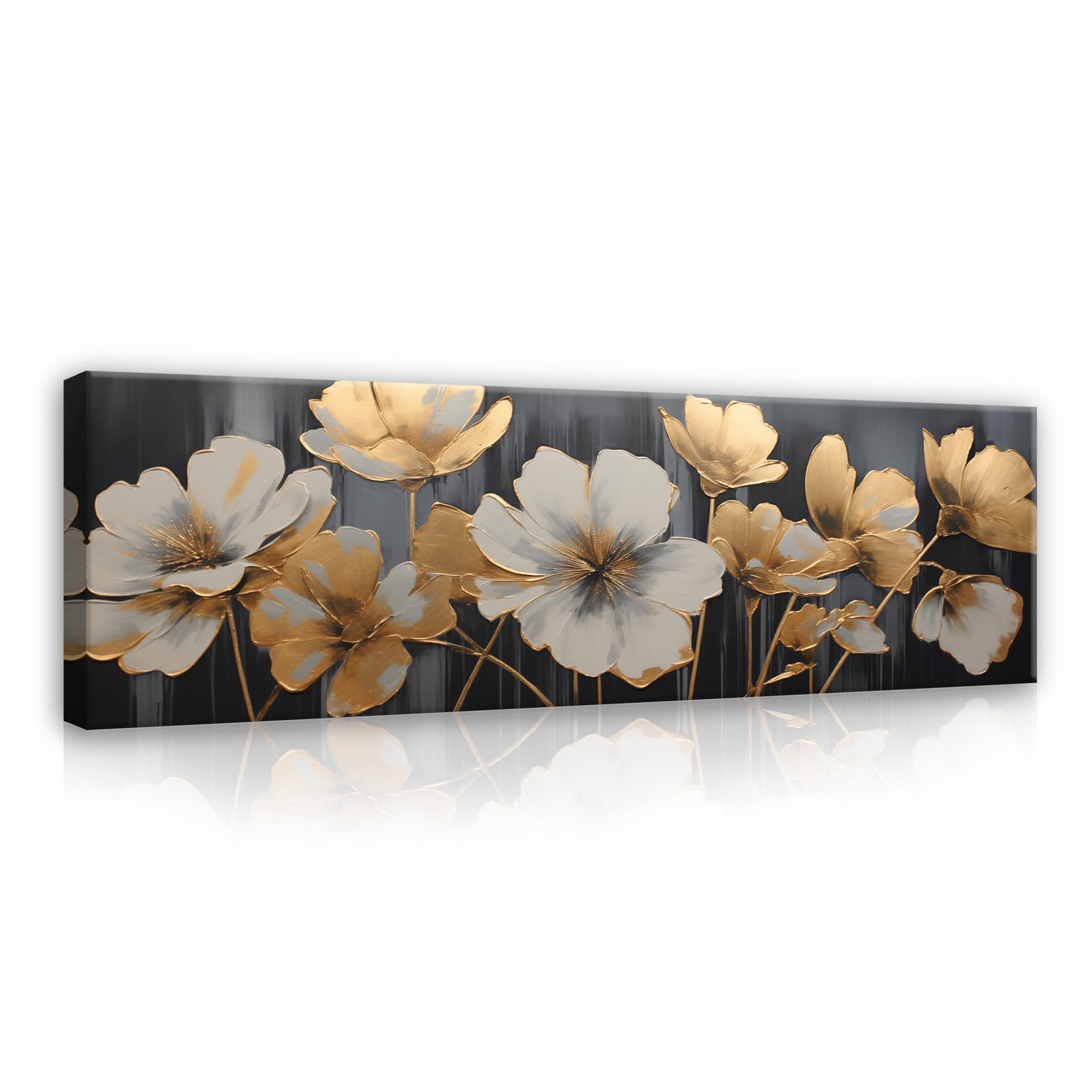 Wallarena Leinwandbild Blumen Gold Art Gemalt Kunst Wandbild Xxl