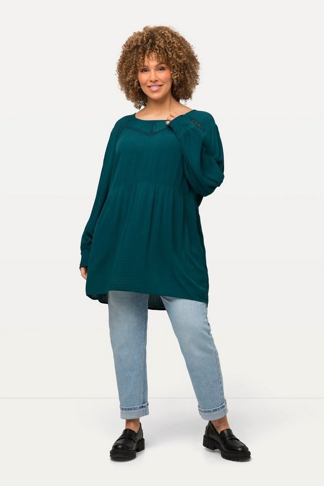 Ulla Popken Longbluse Bluse Spitzenbänder A Linie Rundhals Langarm