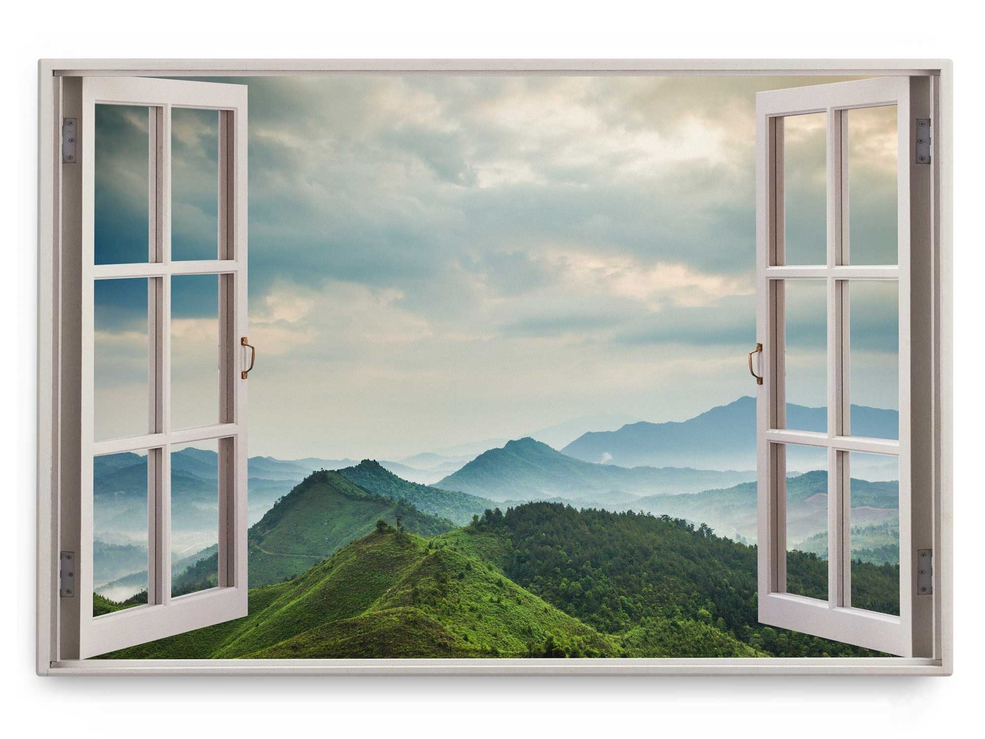 Sinus Art Leinwandbild Wandbild 120x80cm Fensterbild Berge Bergkette Grün Natur Wolken Gebirg ...