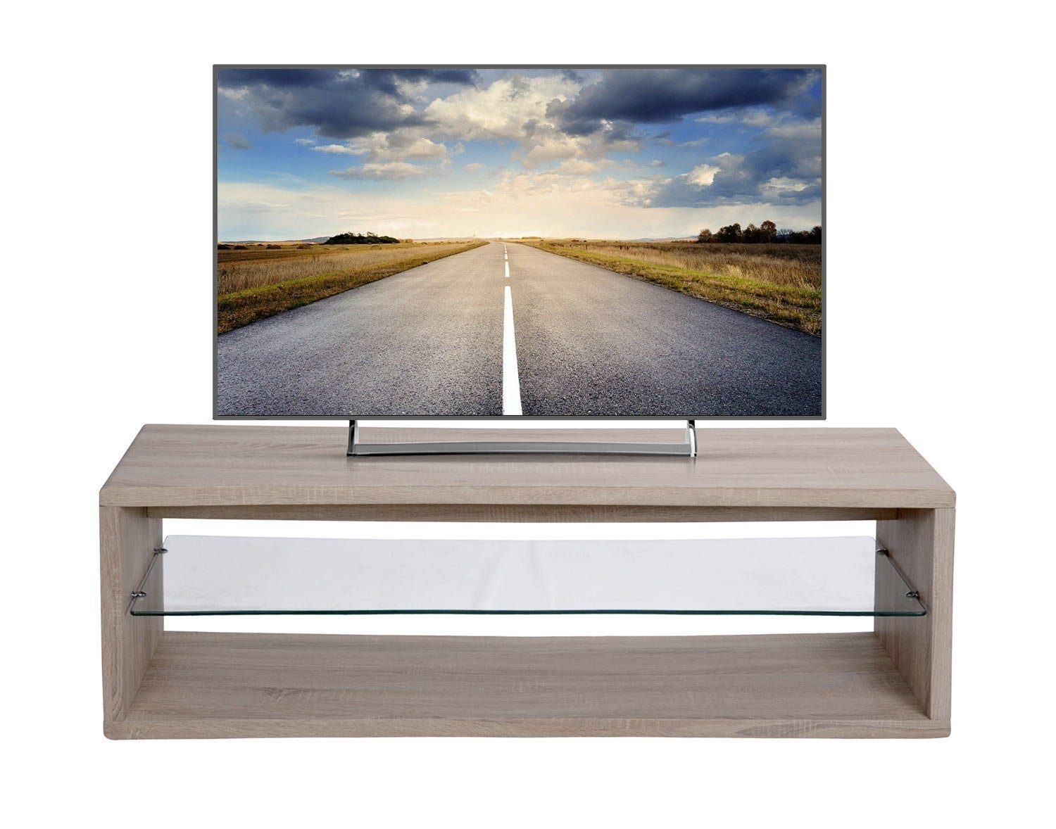 Lowboard CURVE, B 140 x T 40 cm, Eiche Sonoma Dekor, mit Glasablage