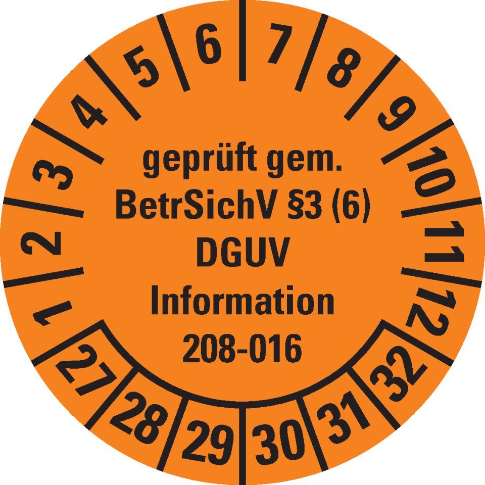 Dreifke Hinweisschild »Dreifke® Prüfplakette gepr.gem.BetrSichV §3(6)DGUV,27-32,orange,Dokufolie ...