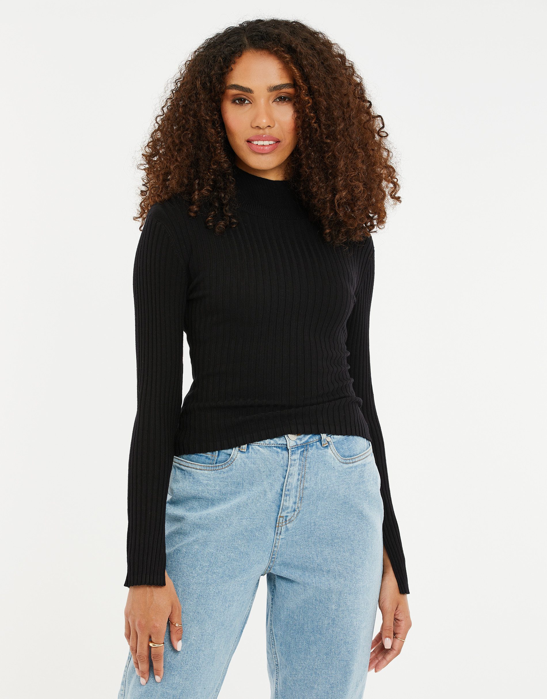 Threadbare Rundhalspullover Ellie Split mit Stehkragen und Ärmelschlitzen