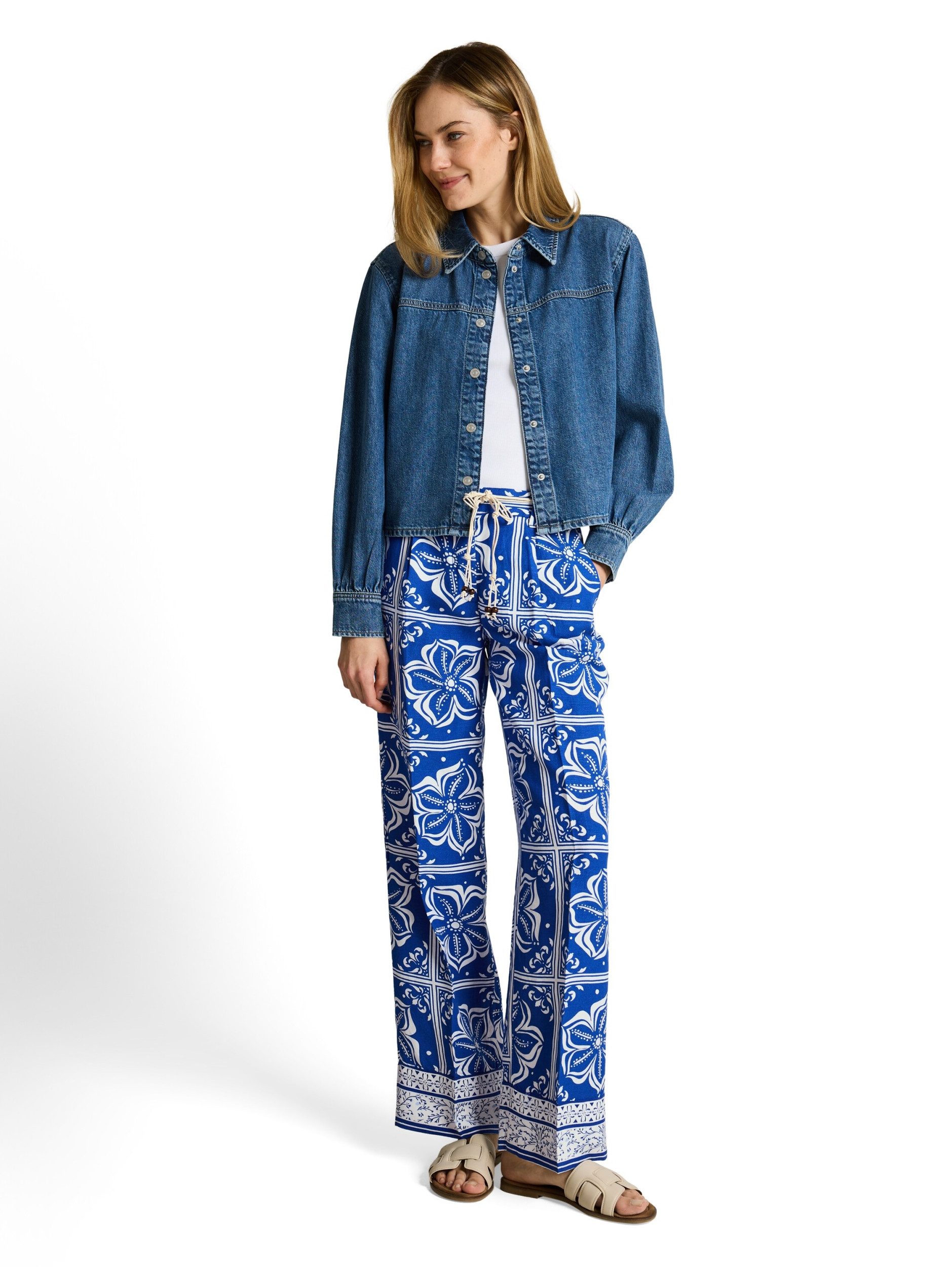 TOM TAILOR Chinohose linen wide leg pants, blue flower tile design