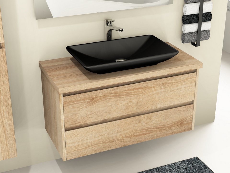 Aqua Bagno Badmöbel Set Waschplatz 100 Cm Keramikbecken Mdf Eiche Gold