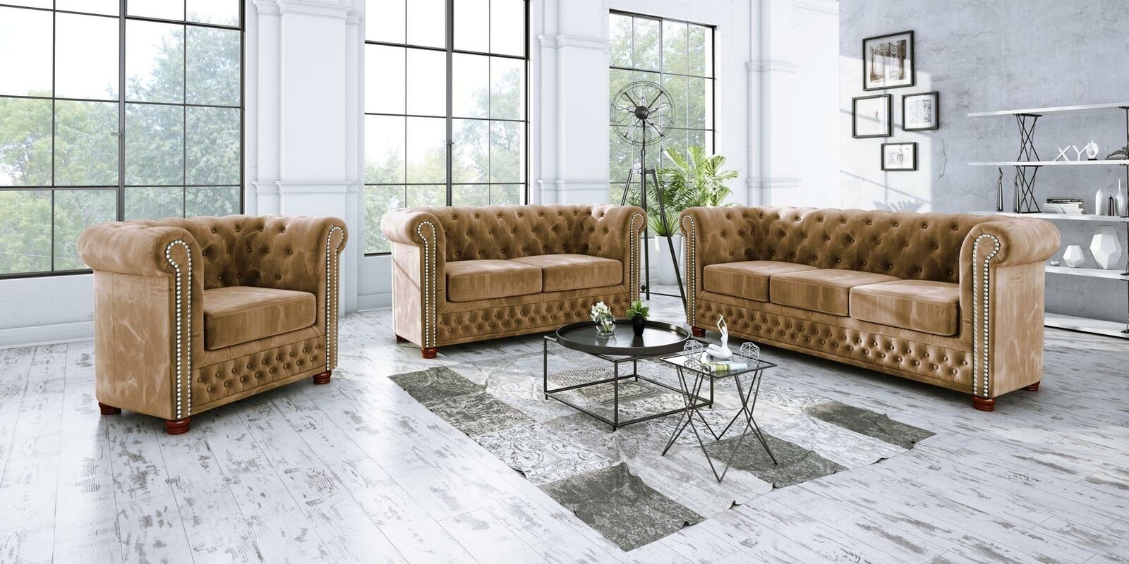 JVmoebel Sofa Hellbraune Chestgerfield Sofagarnitur Couch Polster Set 321 Sitzer Made in Europa
