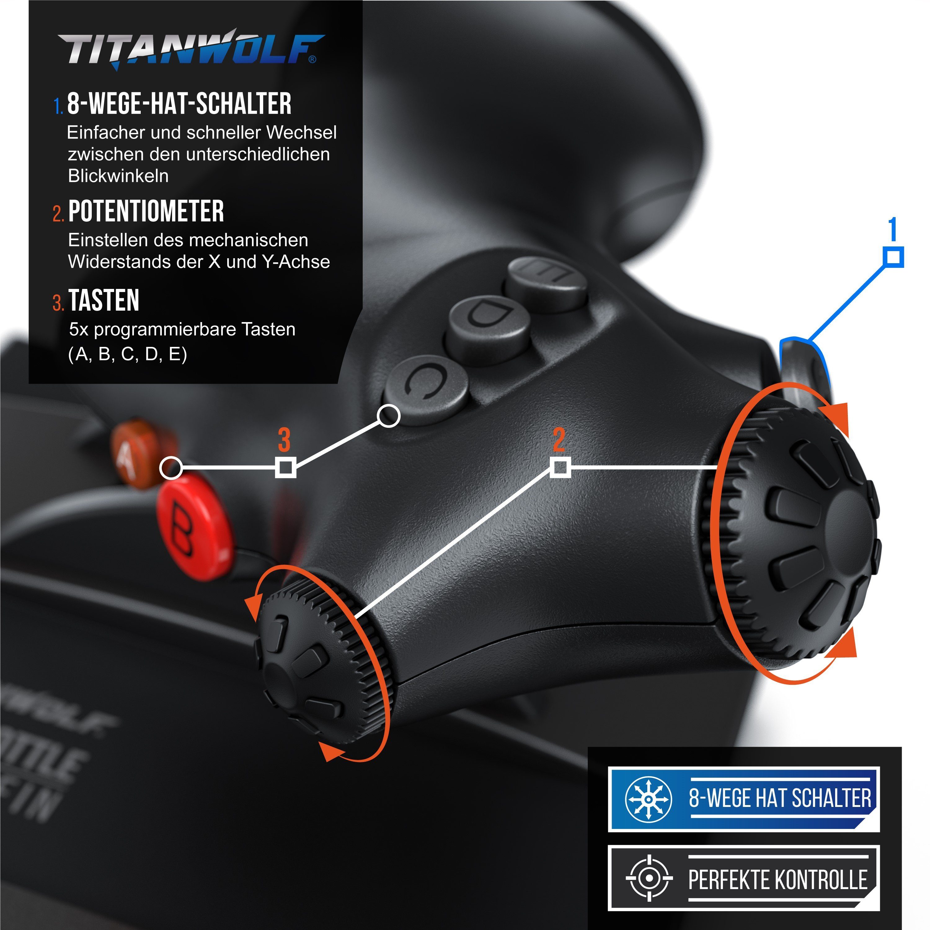 Titanwolf Schubhebel (Schubregler - Throttle Joystick 8 Wege HAT Switch ...