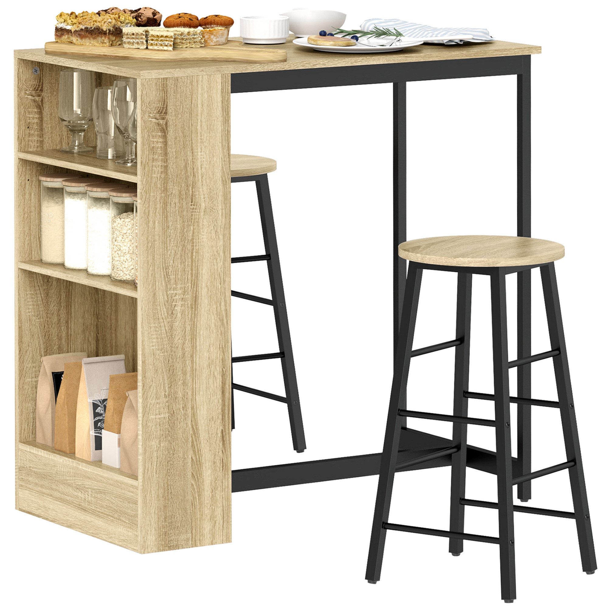 HOMCOM Bargruppe 3-tlg. mit Küchentisch, Stauraum, 2 Hocker, Fußstützen, (Bartisch mit Barhocker ...