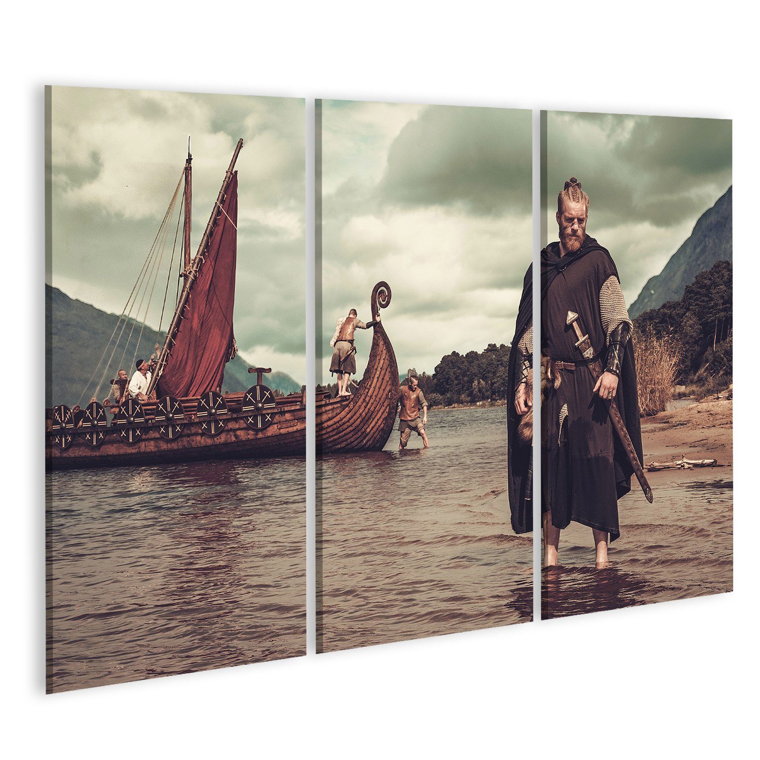 islandburner Leinwandbild Bild auf Leinwand Viking Krieger Mit Schwert Stehend In Der Nähe Drakk