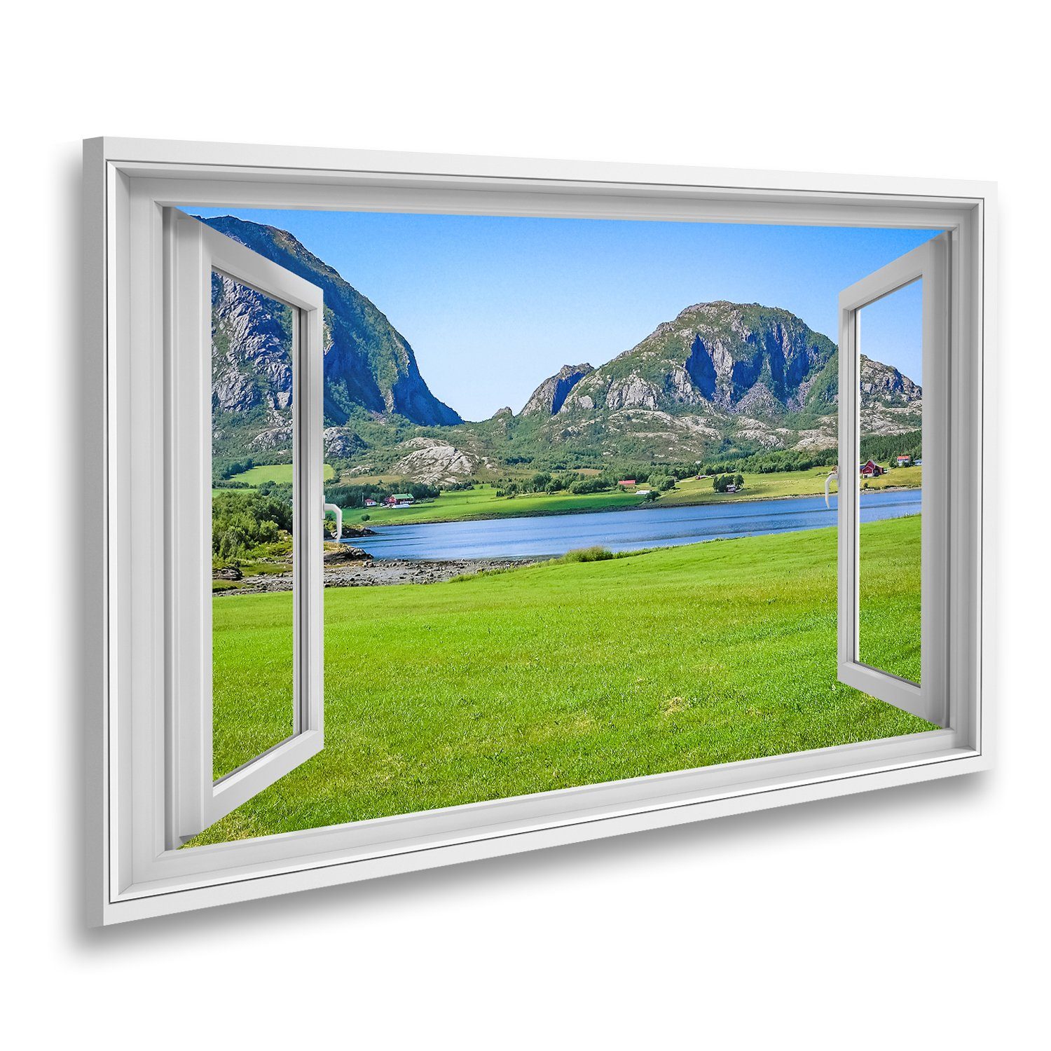 islandburner Leinwandbild Fensterblick Dorf an der Küste des norwegischen Fjordes In der Ferne S