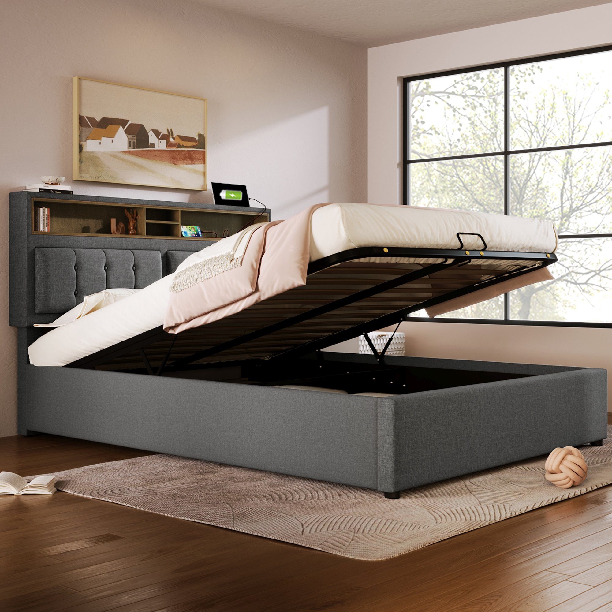 Okwish Polsterbett Doppelbett Hydraulisches Doppelbett Mit Usbtyp C
