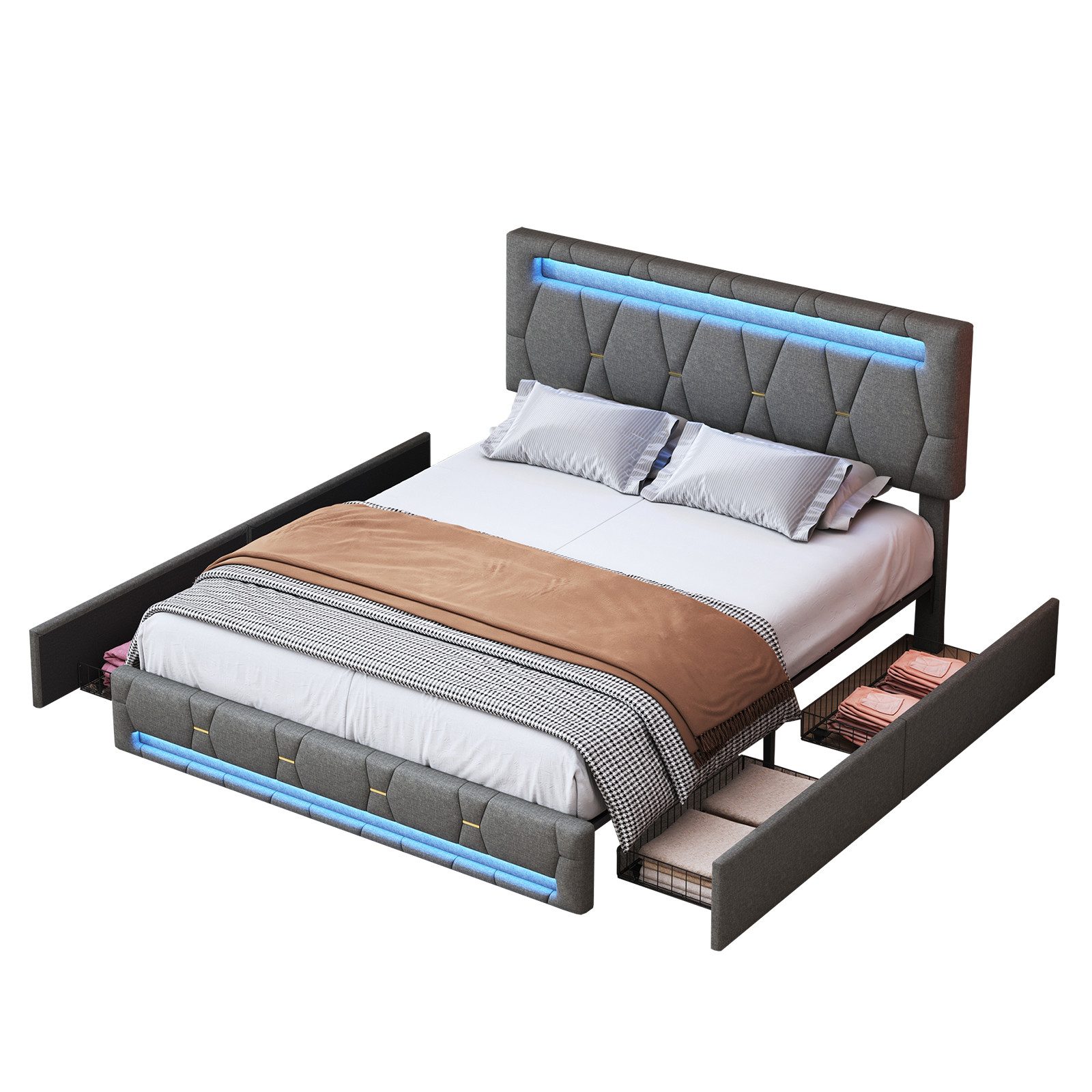 Furokoy Polsterbett Led Licht Doppelbett Jugendbett 140x200 Cm Mit 4