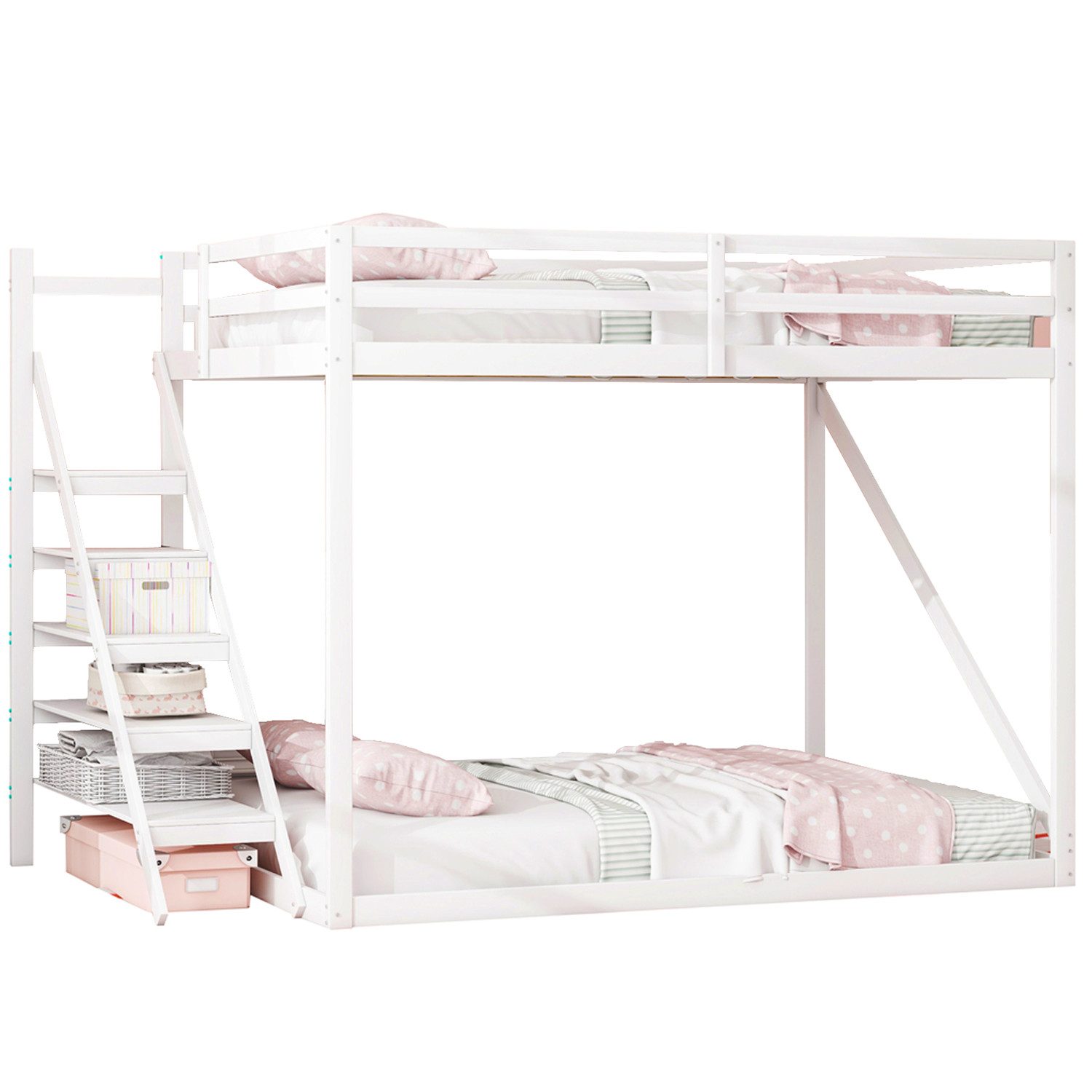 Rutaqian Hochbett Kinderhochbett 140x200 Cm Mit Sicherheitstreppe