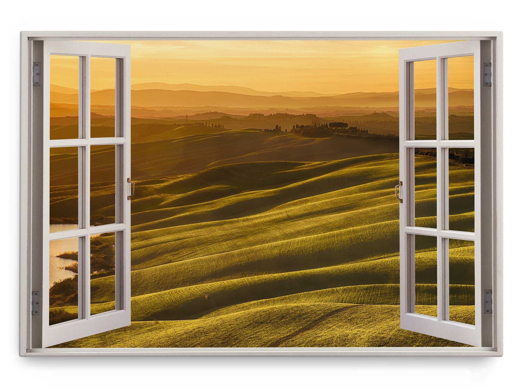 Sinus Art Leinwandbild Wandbild 120x80cm Fensterbild Toskana Italien Sonnenuntergang Hügel La ...
