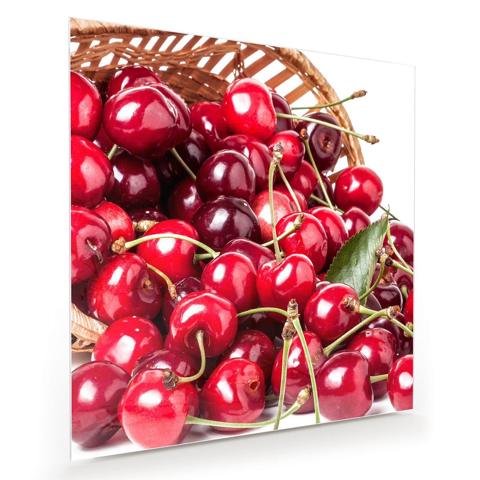 Primedeco Glasbild Wandbild Quadratisch Kirschen Aus Korb Fallend Mit
