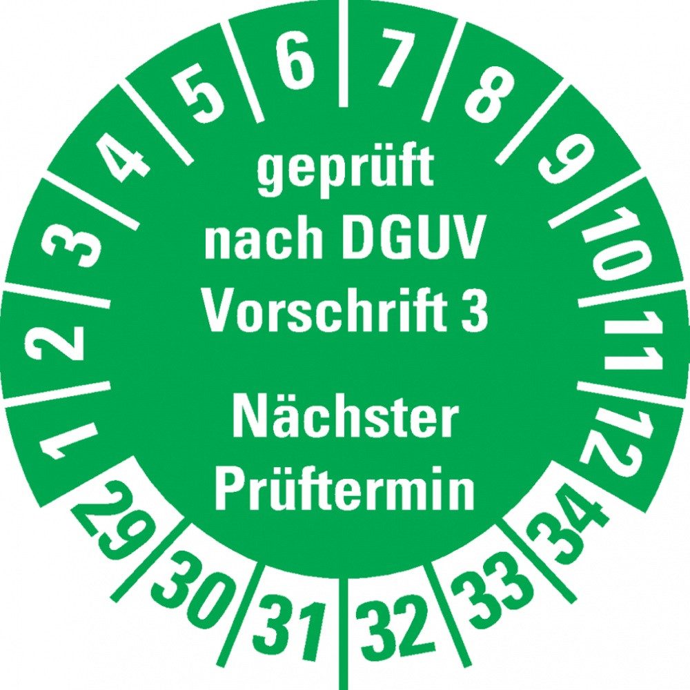 Dreifke Hinweisschild Plakette DGUV Vorschrift 3 29-34, grün, Schachbrettfolie, Ø30mm, 18St ...