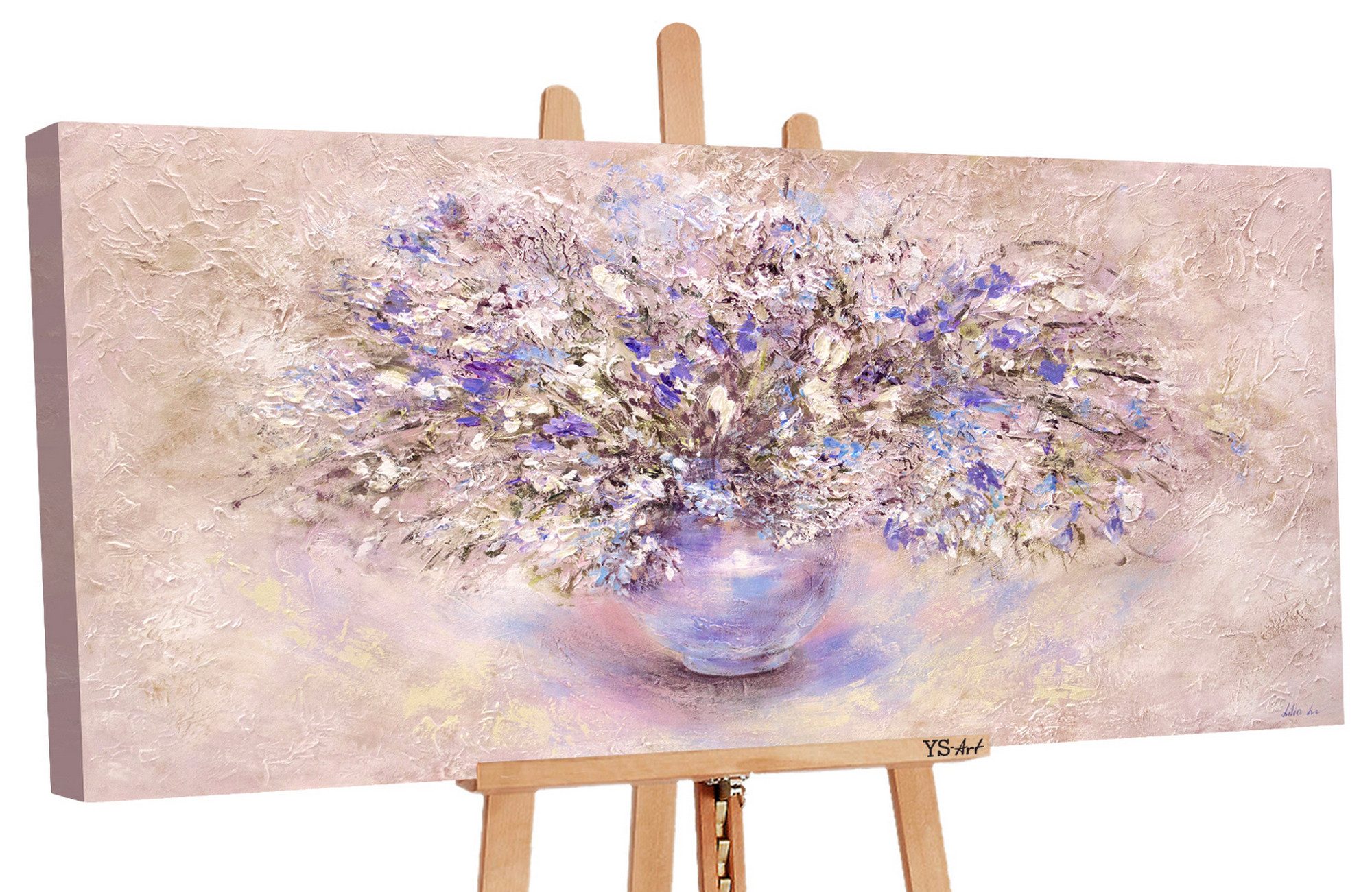 YS-Art Gemälde Stillleben, Blumen, Blumen Vase auf Leinwand Bild Handgemalt Lila Weiß Beige