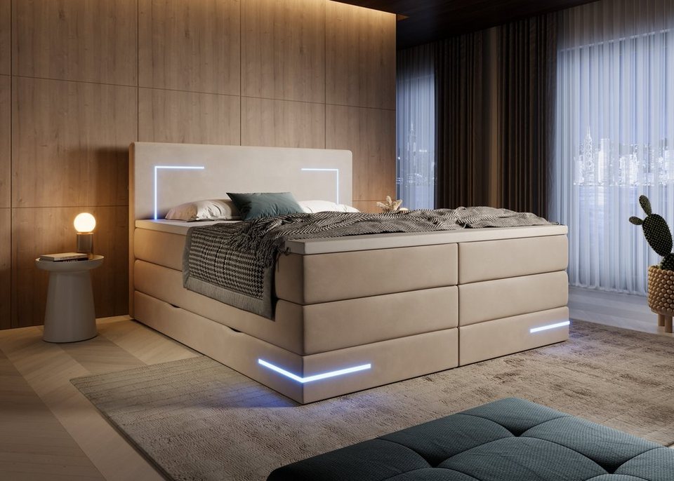 Wonello Boxspringbett Detroit Samt Bett Mit Led Beleuchtung