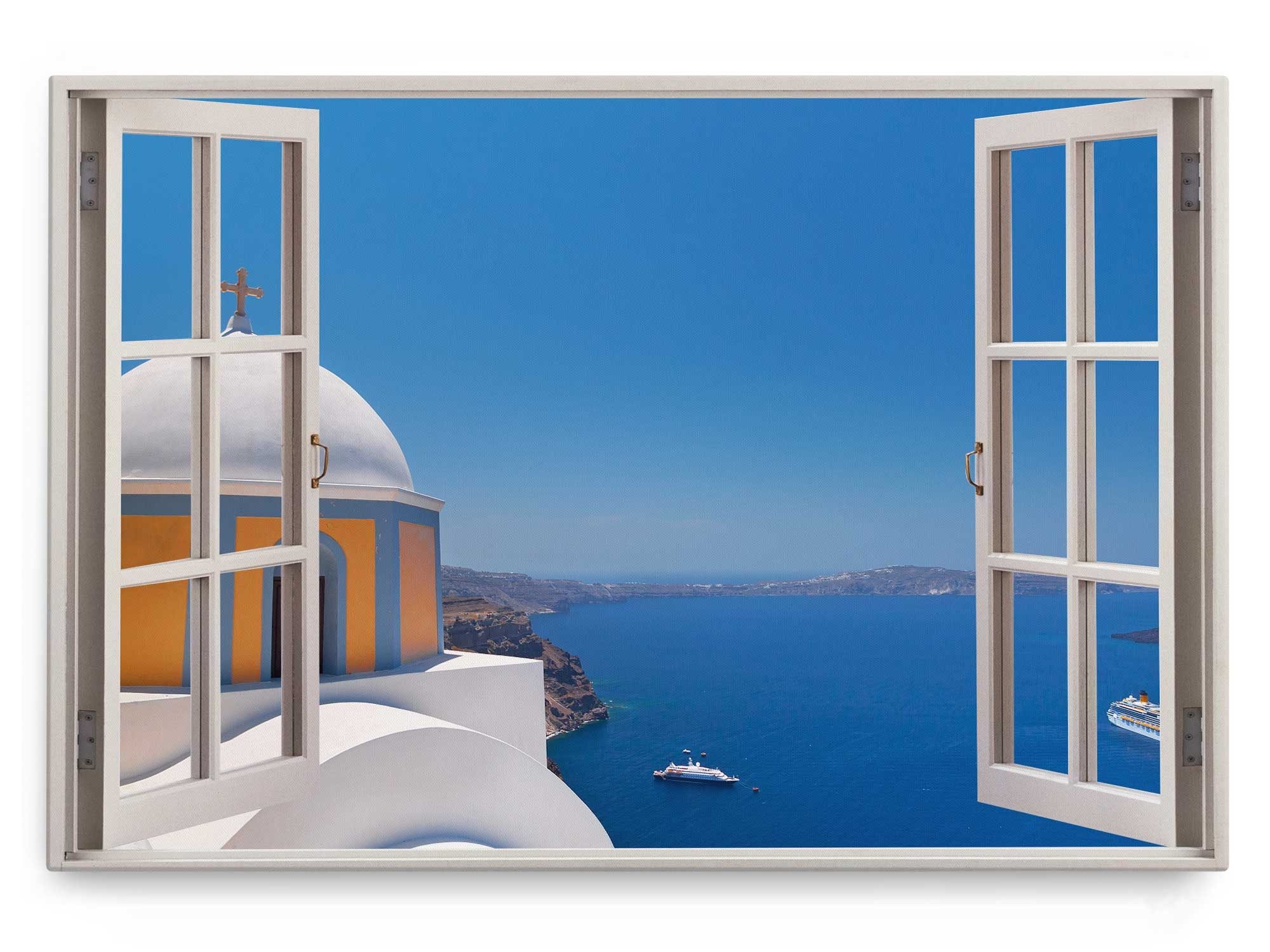 Sinus Art Leinwandbild Wandbild 120x80cm Fensterbild Santorini Griechenland Insel Meer Blaue, (1 St)