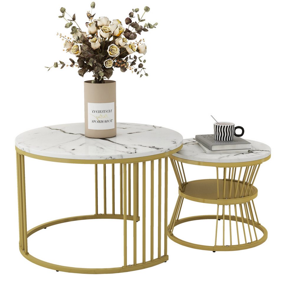 Merax Couchtisch Rund Satztisch Beistelltisch Mit Metallrahmen 2 St
