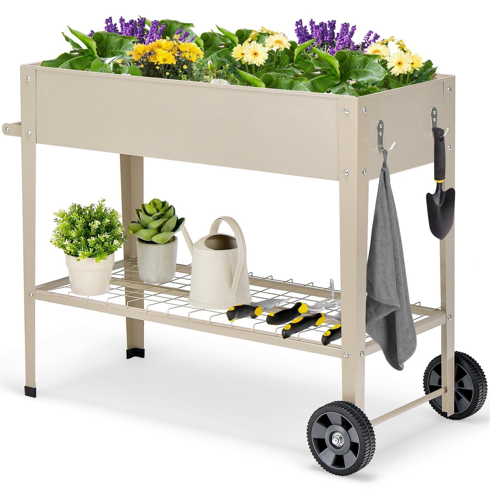 COSTWAY Hochbeet, erhöhter Gartenbeet mit Ablage, Griff, 2 Rollen ...