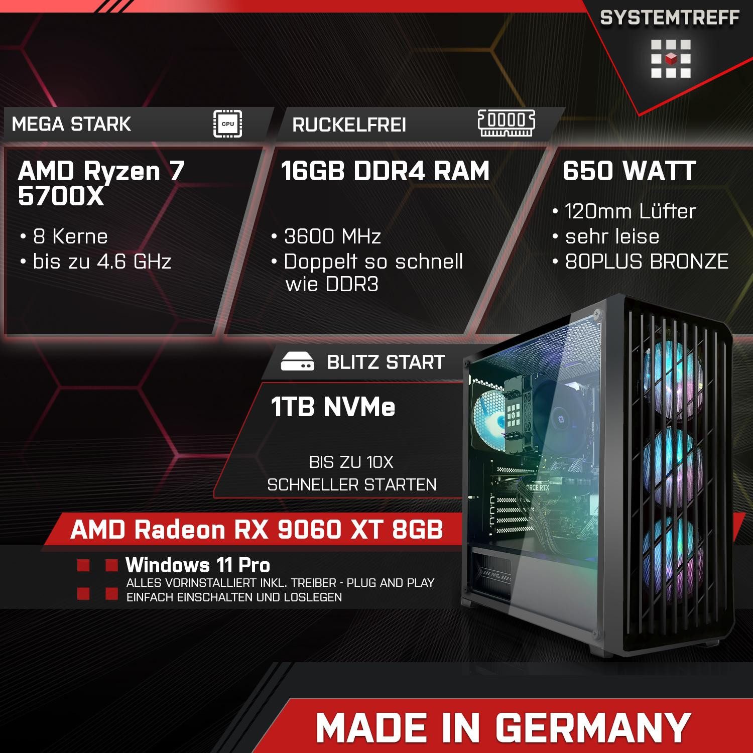 SYSTEMTREFF Gaming-PC (AMD Ryzen 7 5700X, Radeon RX 9060 XT, 16 GB RAM ...