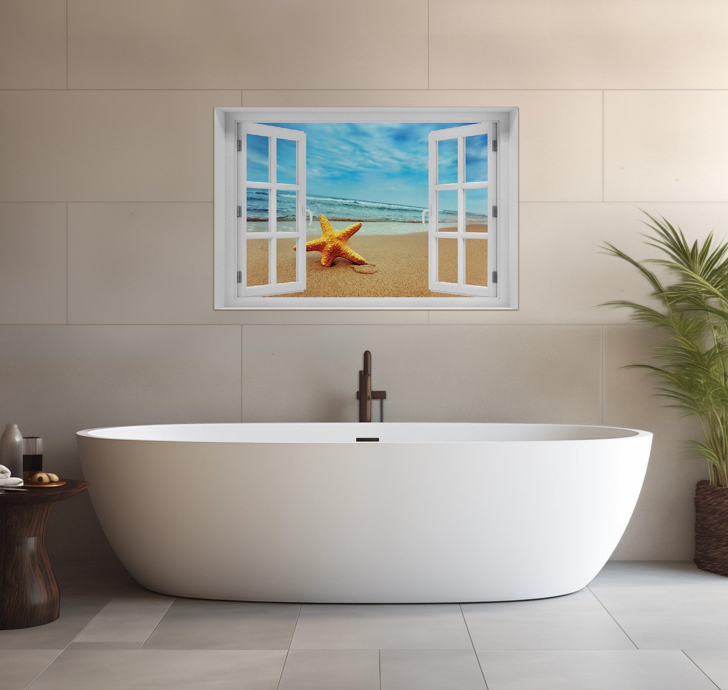 Wallario Wandfolie Seestern Am Strand Am Meer Mit Fenster Illusion