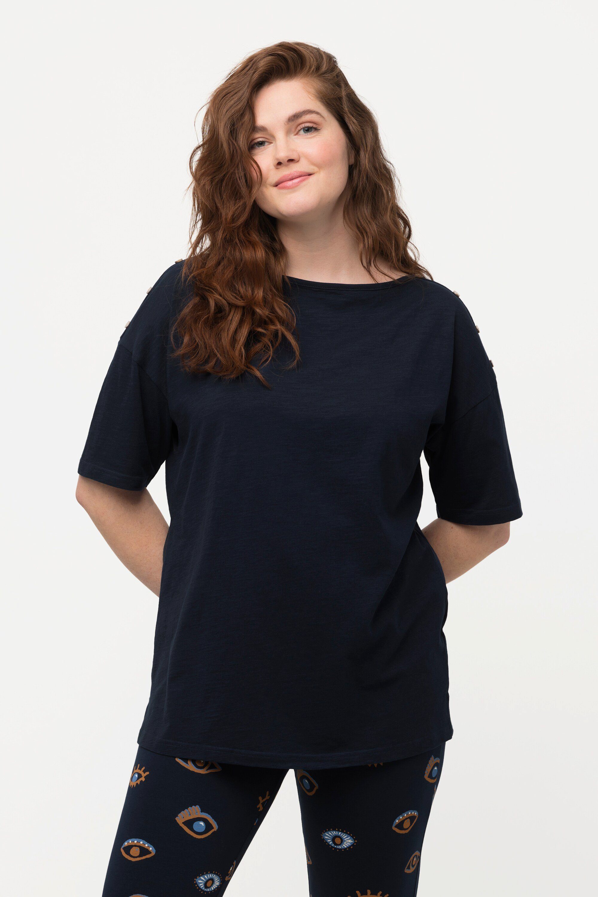 Ulla Popken Rundhalsshirt T Shirt Knöpfe U Boot Ausschnitt Halbarm