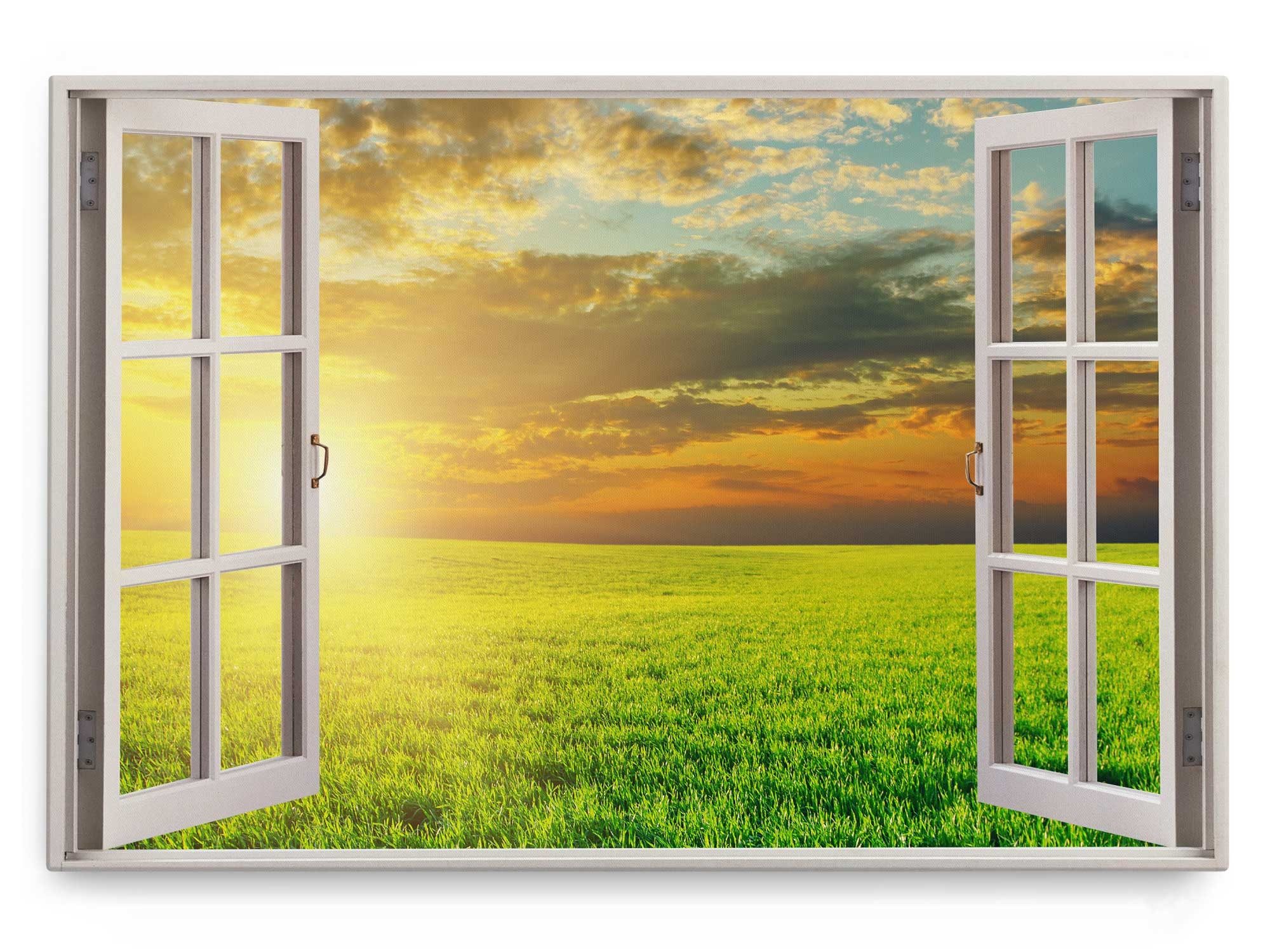 Sinus Art Leinwandbild Wandbild 120x80cm Fensterbild Grünes Feld Sonnenuntergang Natur Landsc ...