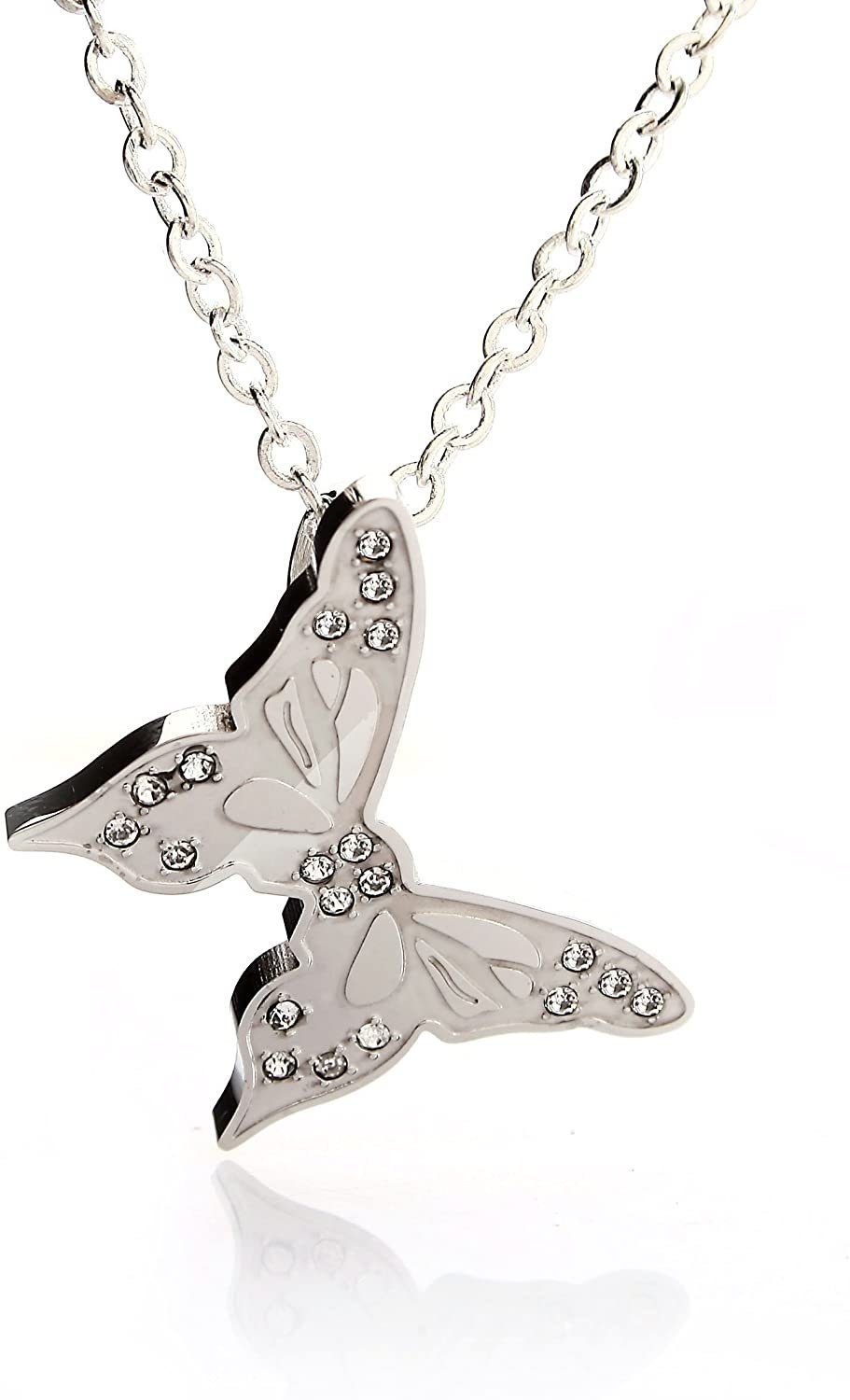 Karisma Kette mit Anhänger Edelstahl Kettenanhänger Schmetterling Weisse Steine Hochglänzend Und ...