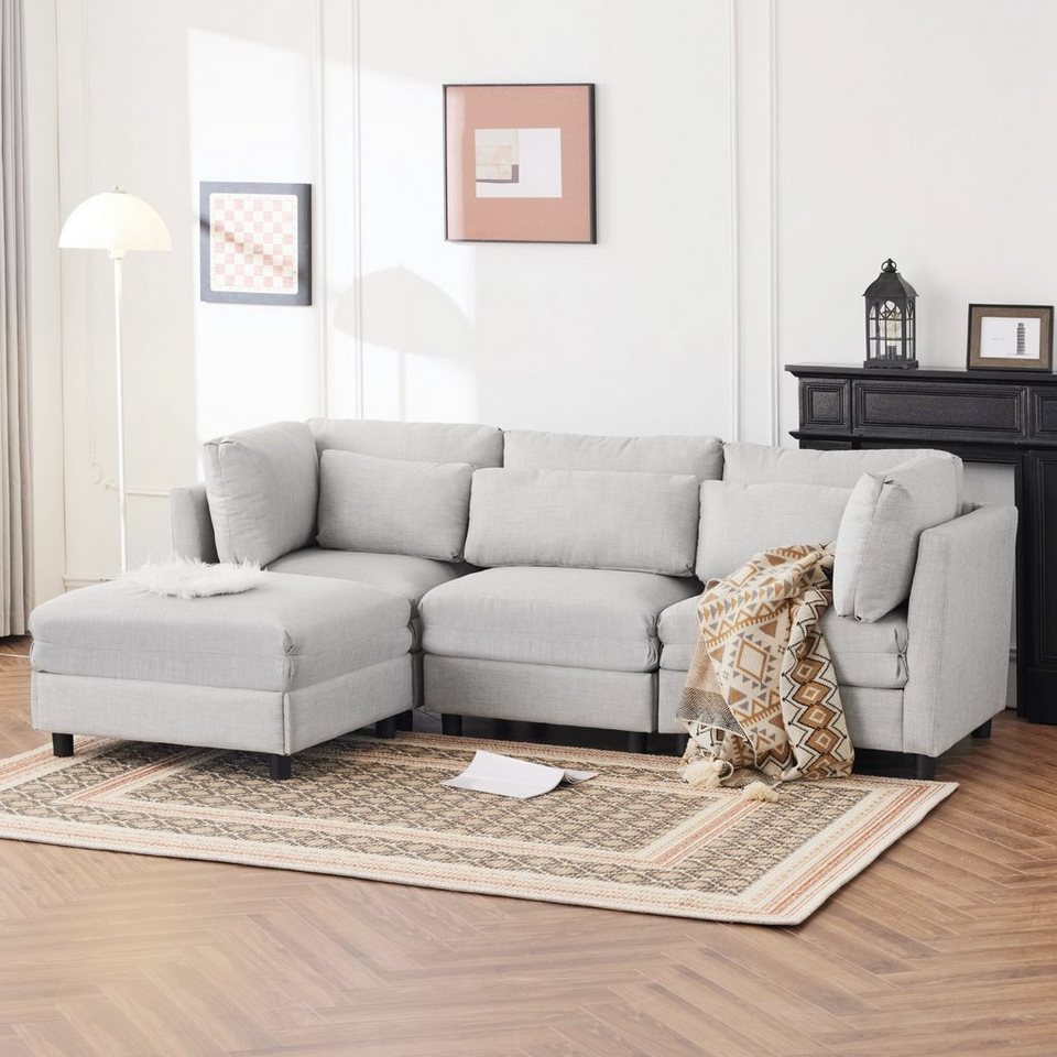 Merax Ecksofa Mit Abnehmbaren Ottomane Sofagarnitur Mit Leinenbezug 3