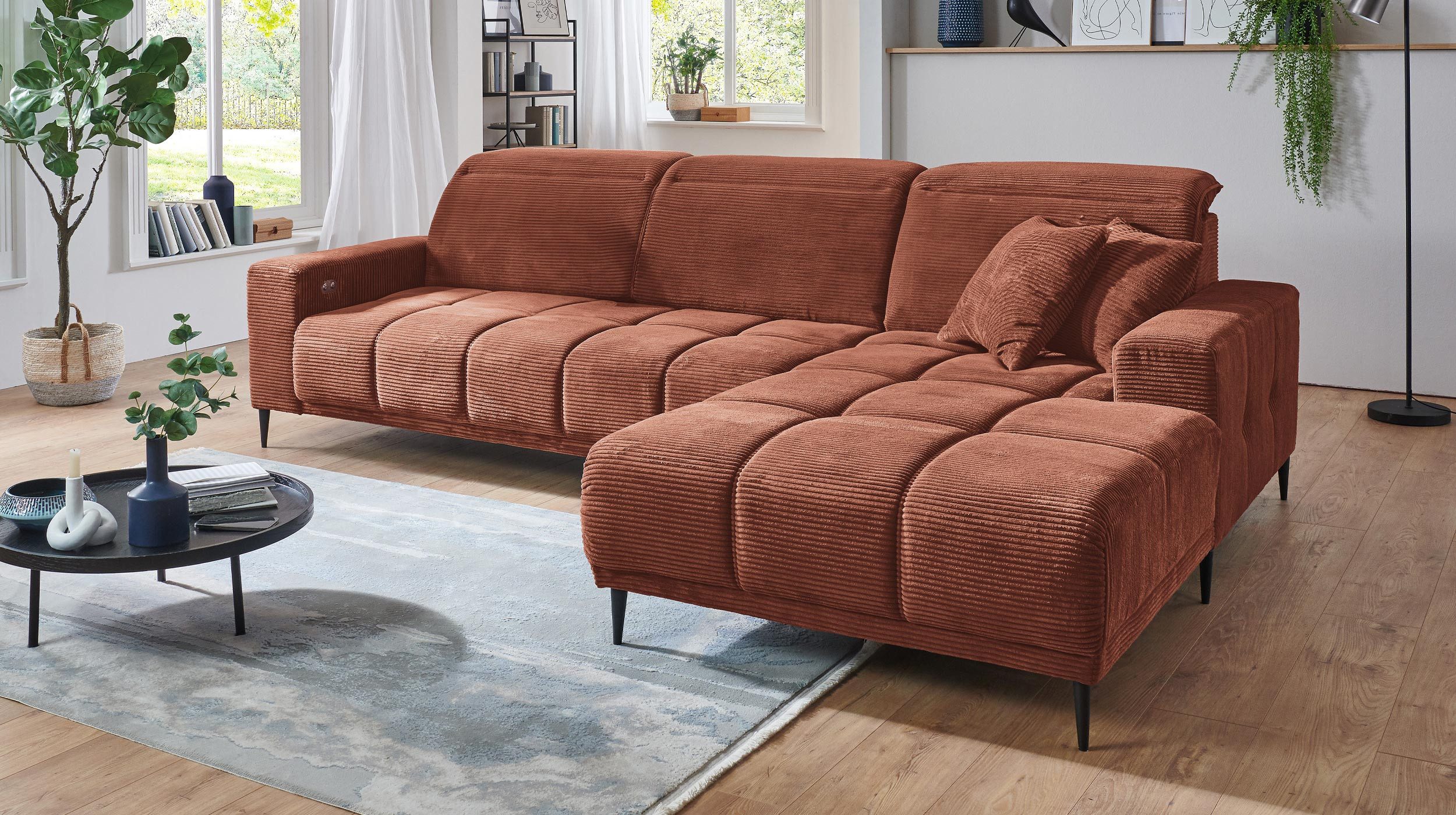 Massivart Ecksofa MARISOL Cord grau beige rost grun 286 cm Cordsofa Kopfteilverstellung Sitztiefenverstellung Nosagunterfederung Eckcouch