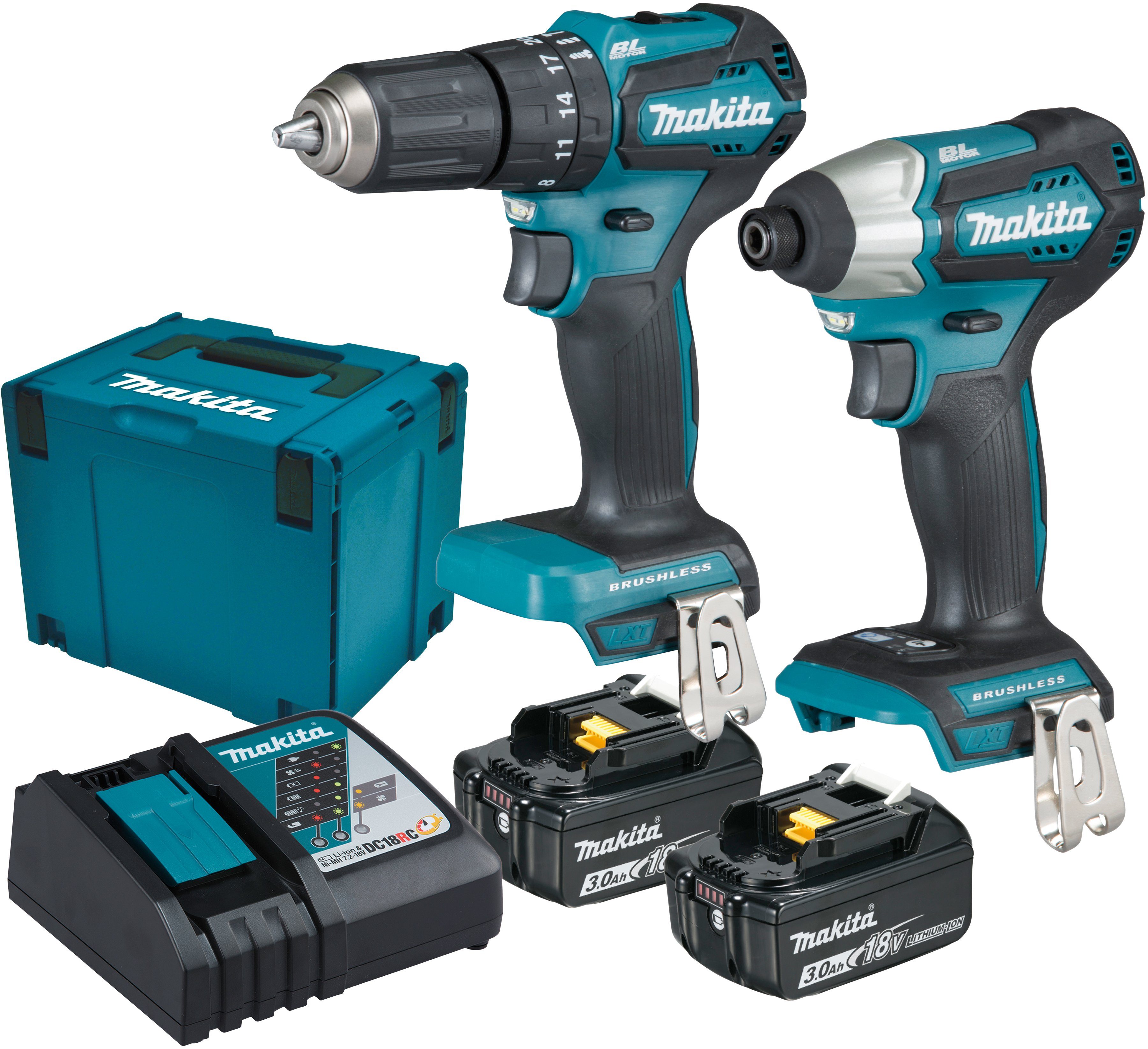 MAKITA Werkzeugset »DLX2221JX2«, 18 V, 3 Ah, inkl. Ladegerät und 2 ...