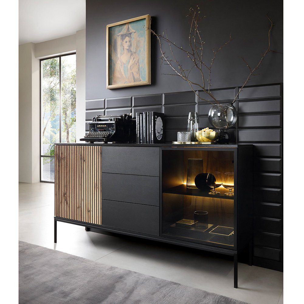 Lomadox Sideboard Sibari 160 Sideboard In Schwarz Mit Wotan Eiche Nb