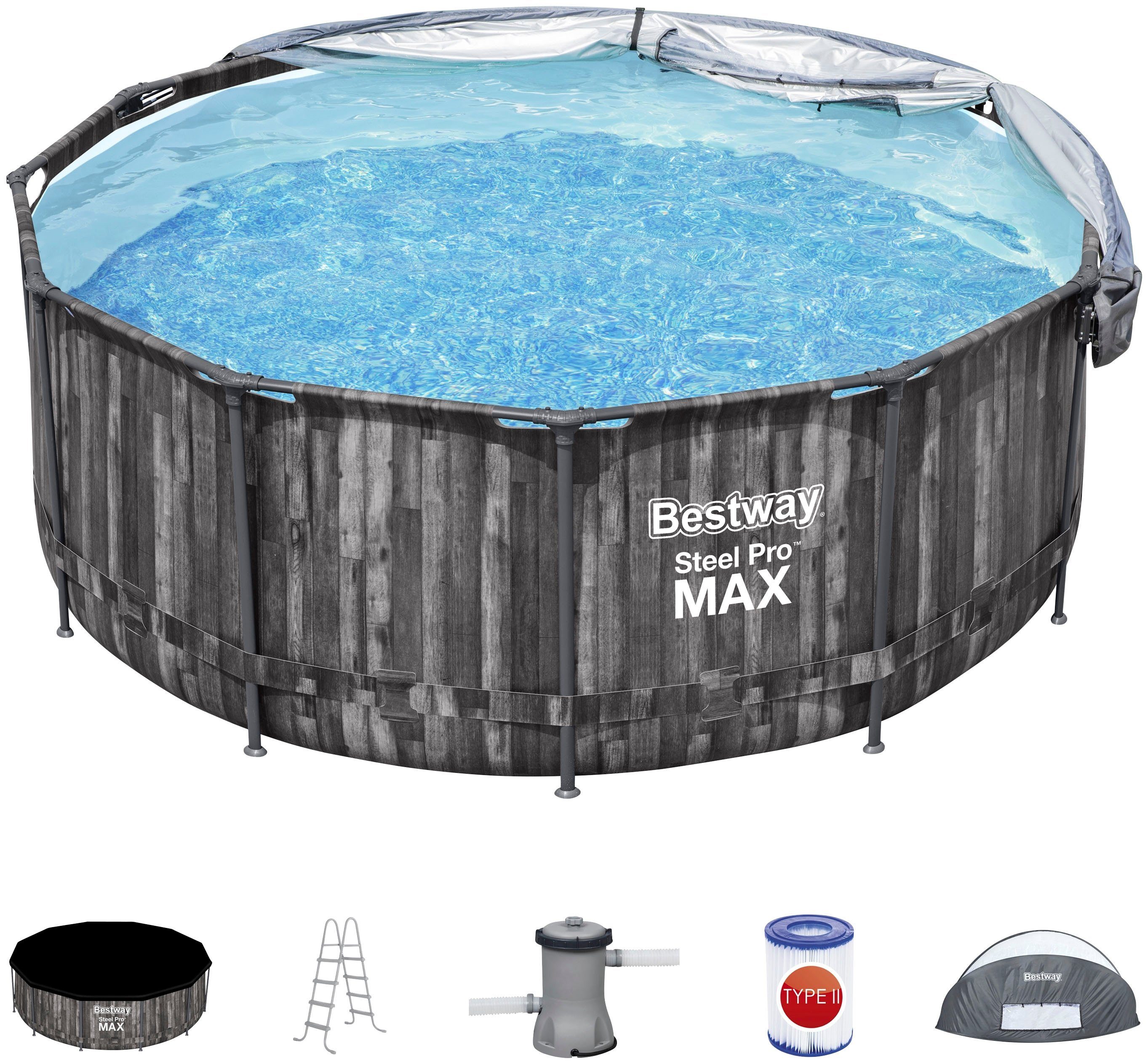 Bestway Framepool Steel Pro MAX™ (Set), Frame Pool mit Filterpumpe + Verdeck Ø 366x122 cm ...