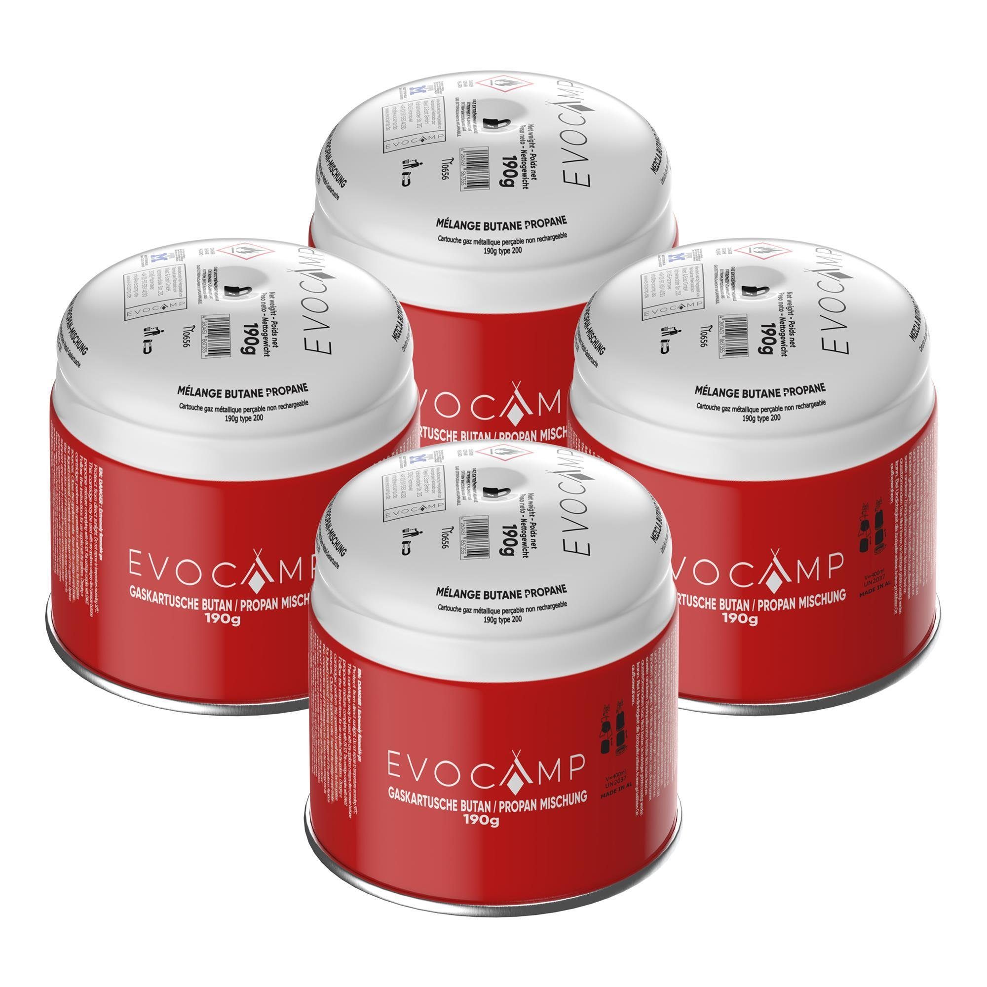 EVOCAMP Gaskartusche Butan Stechgaskartusche 190g Typ 200 EN 417, 4 St.