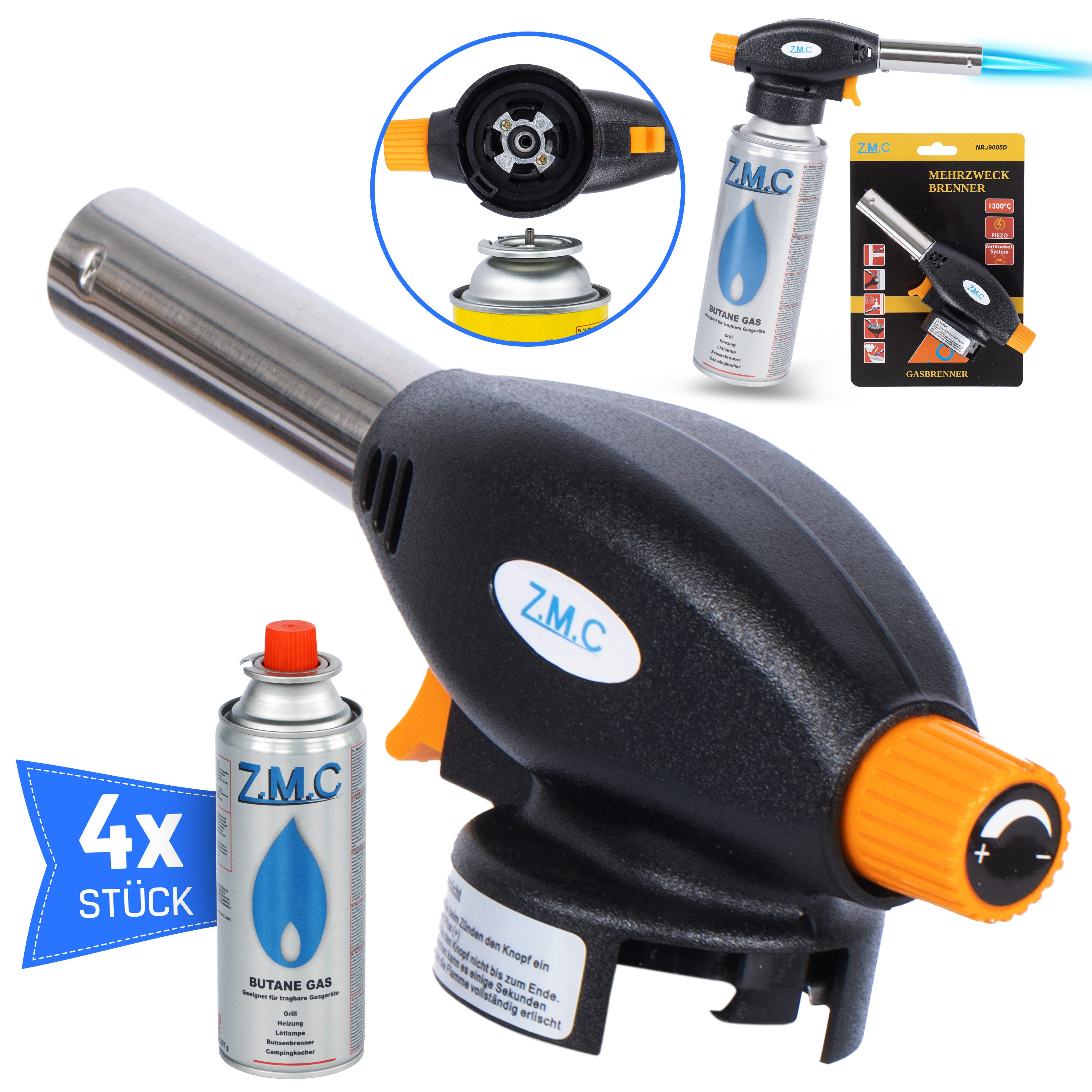 Z.M.C Flambierbrenner Gasbrenner Bunsenbrenner Lötbrenner Gasanzünder + 4 Gaskartuschen 227g ...